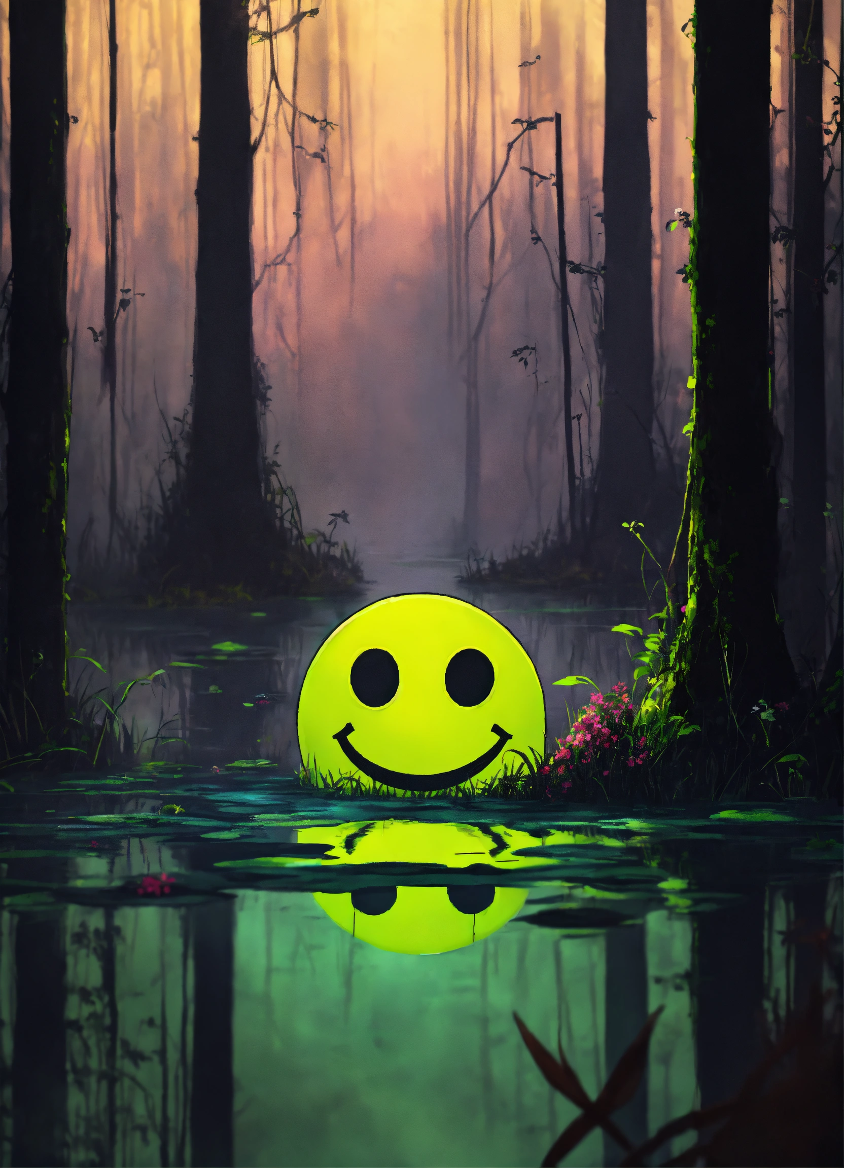 Lexica - Floating creepy smiley face in swamp dark estetic