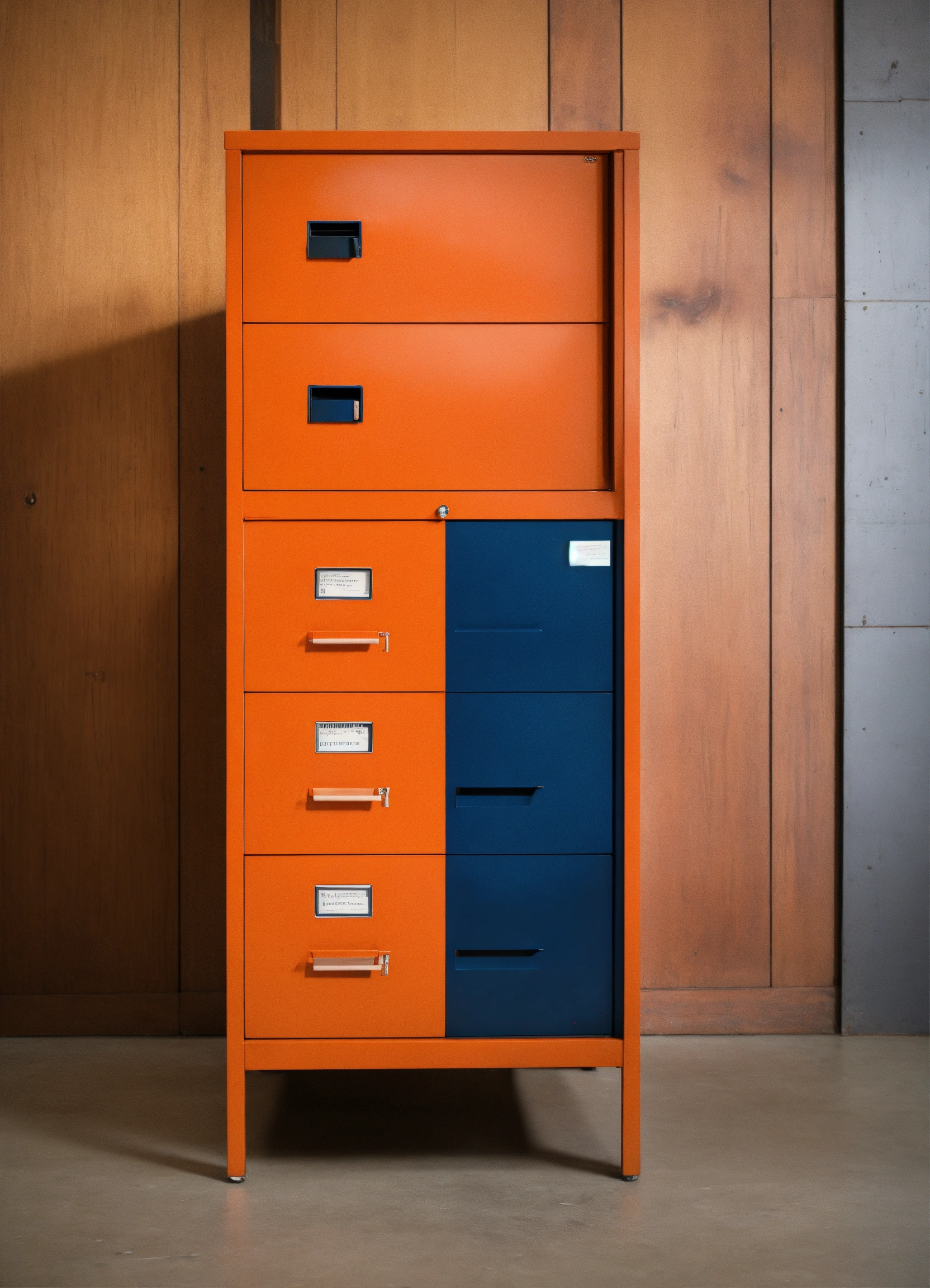 Lexica - Private records filing cabinet dark blue and burnt orange colour