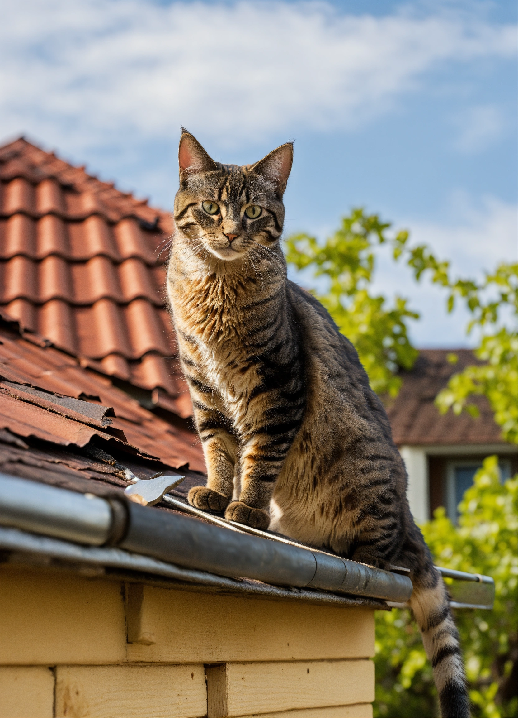 Lexica - Cat with a hammer repairs the roof of a house