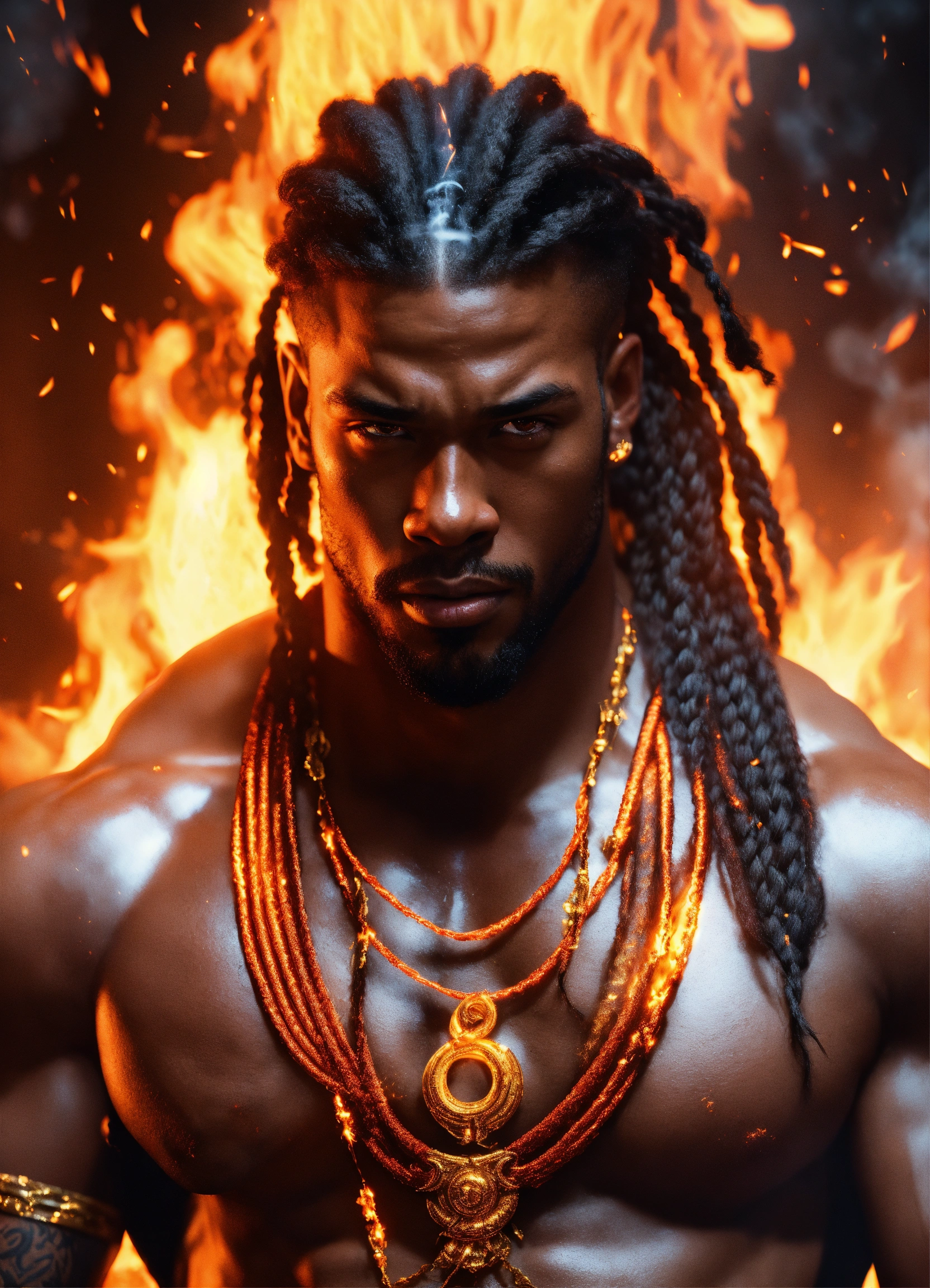Lexica - "legendary fire god", handsome black man, muscular, long ...
