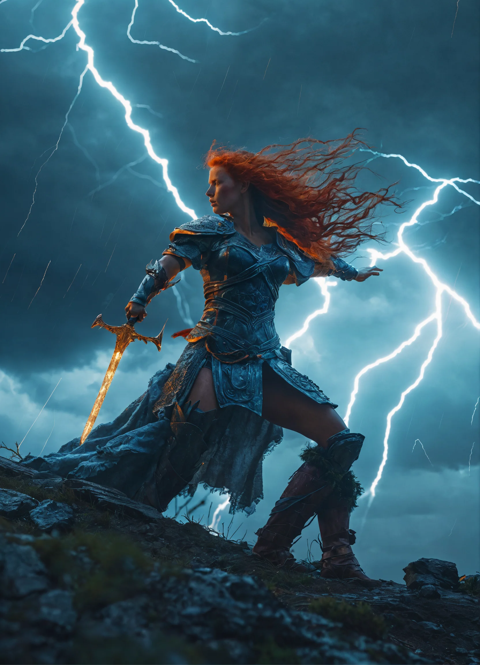 Lexica - Redhead goddess of lightning, on hill during storm ready for ...