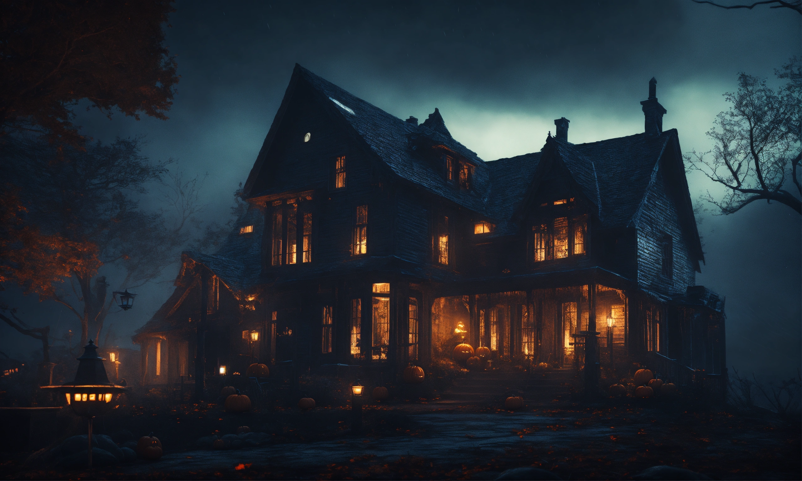 Lexica - Spooky dark modern home at night; decorated in halloween ...