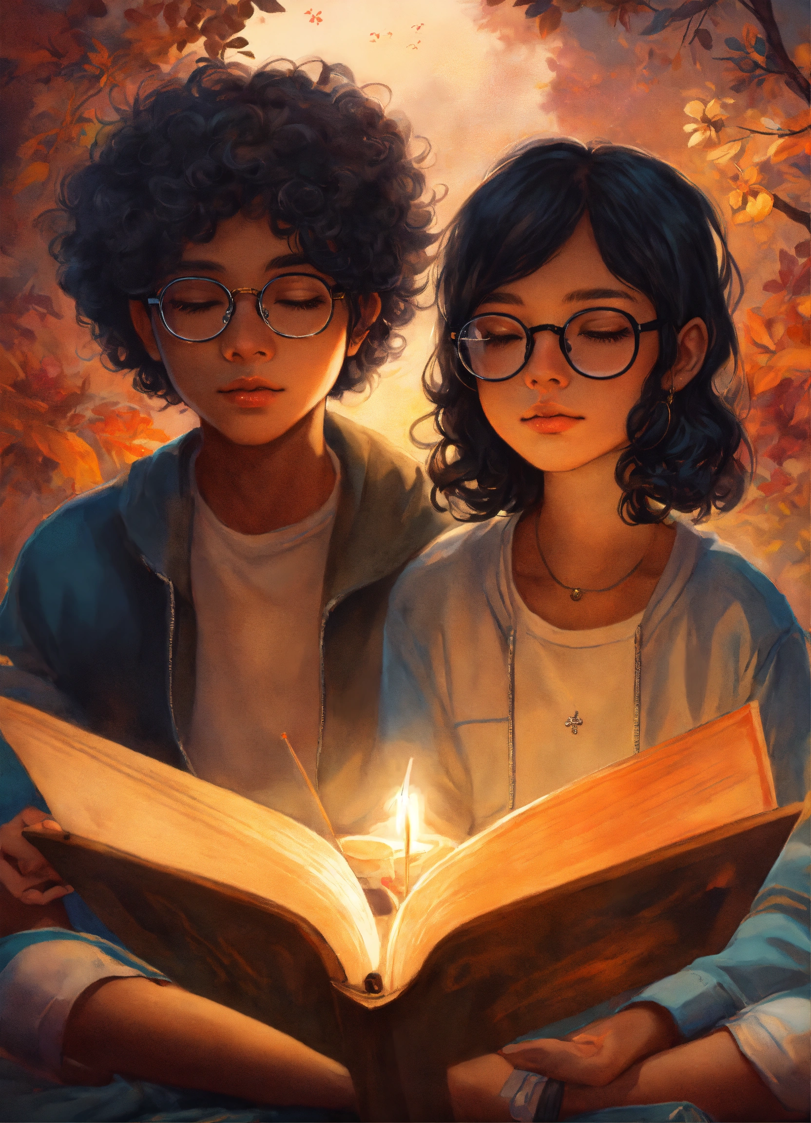 Lexica - Illustrated realistic, A girl with black curly hair and a boy with glasses and short ...