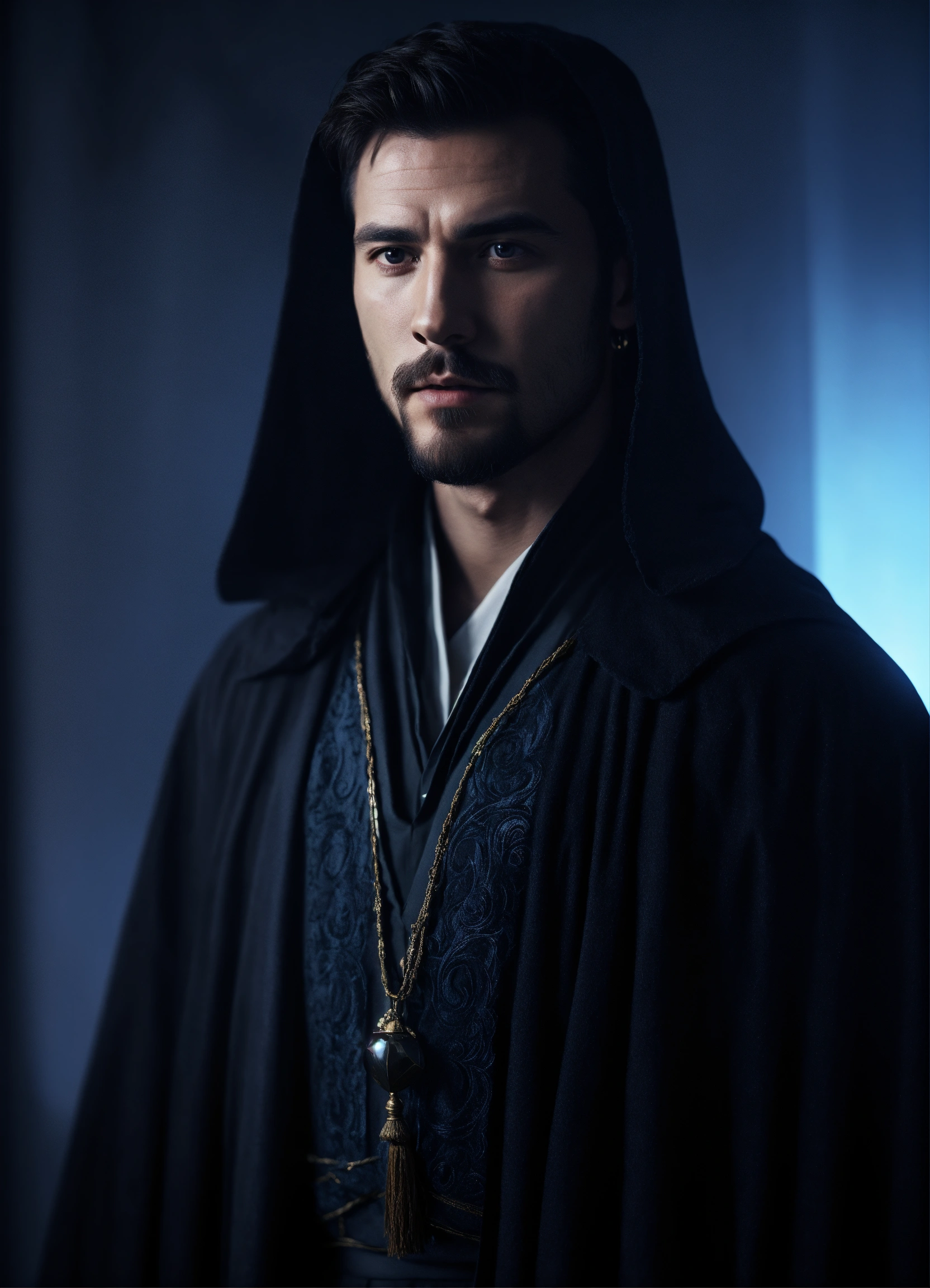 Lexica - Dark short hair, french goatee, wizard robes white light ...