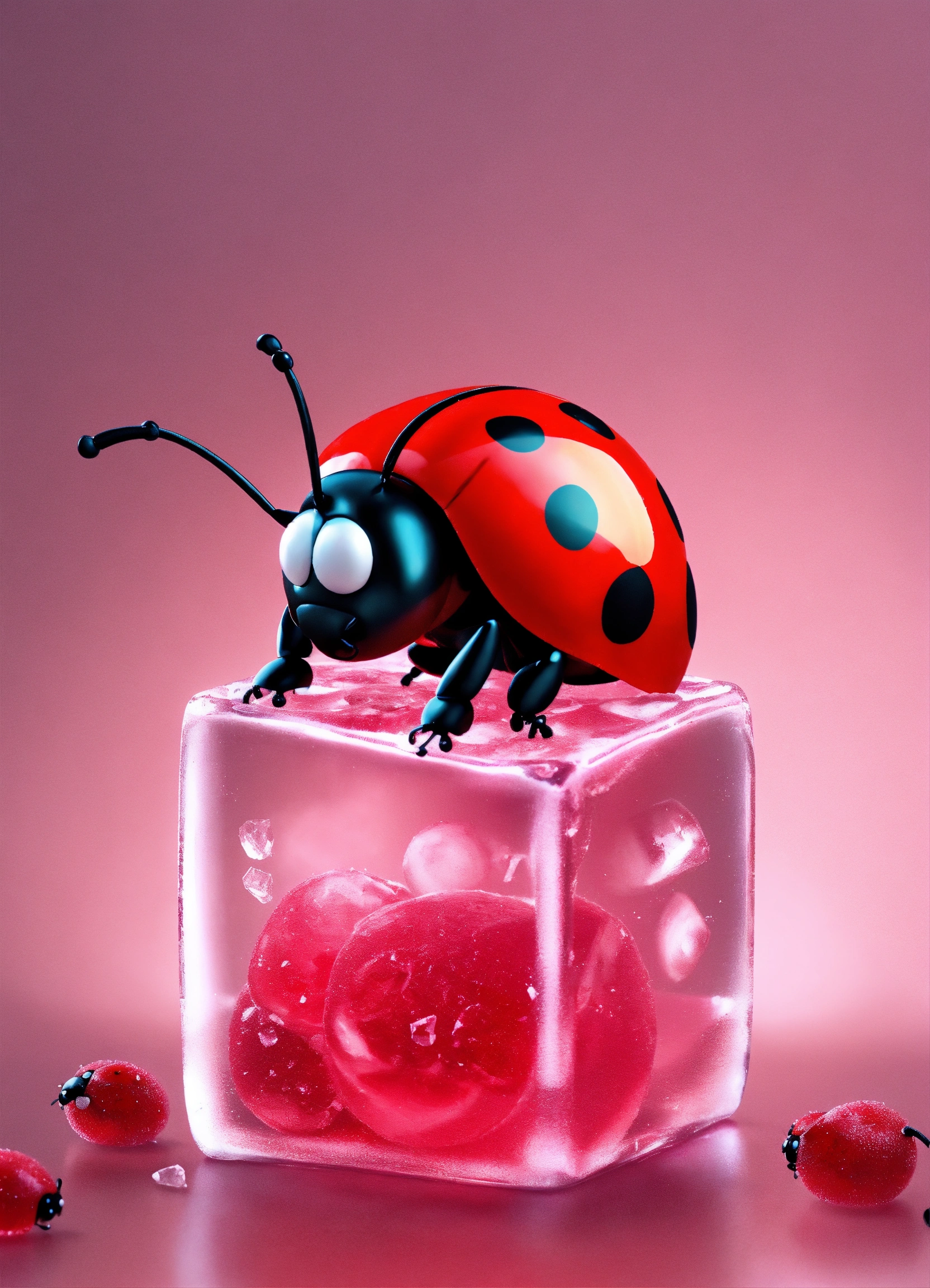 Lexica - A cute 3D ladybug character sitting on an cherry ice-cube ...