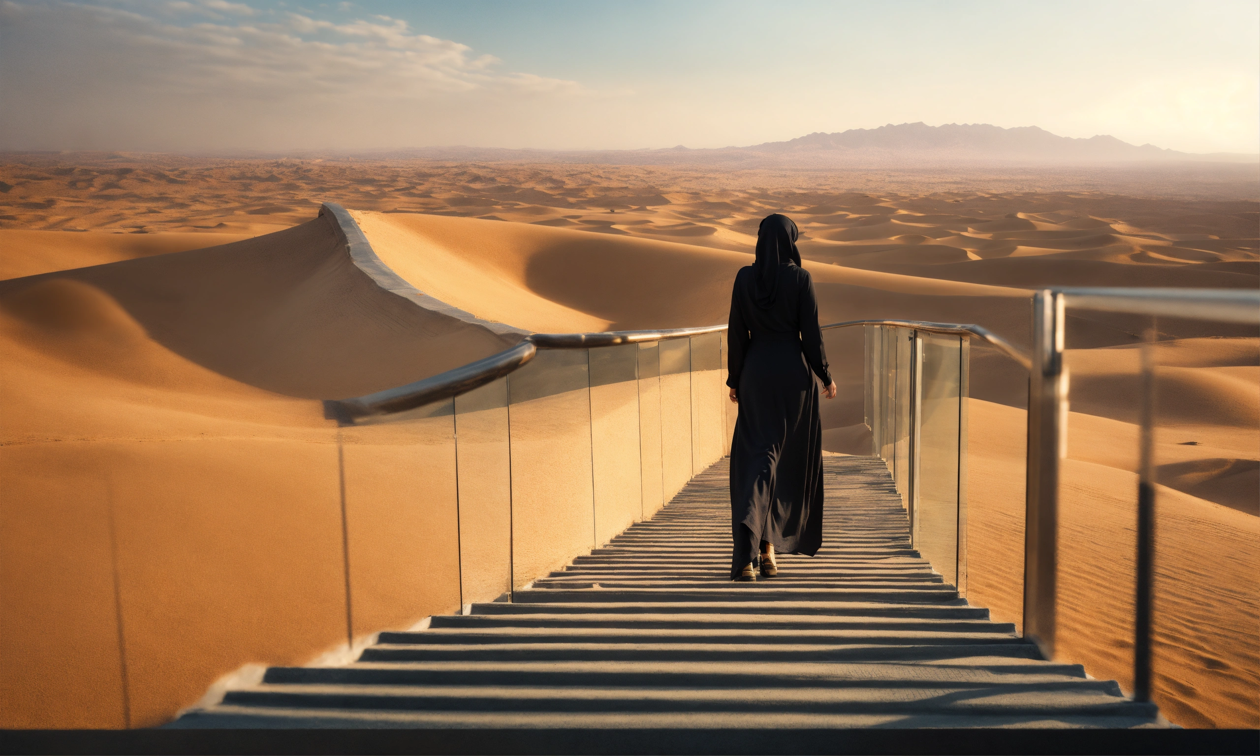 Lexica - Saudi woman climbing six steps only, walking upward, side-way ...