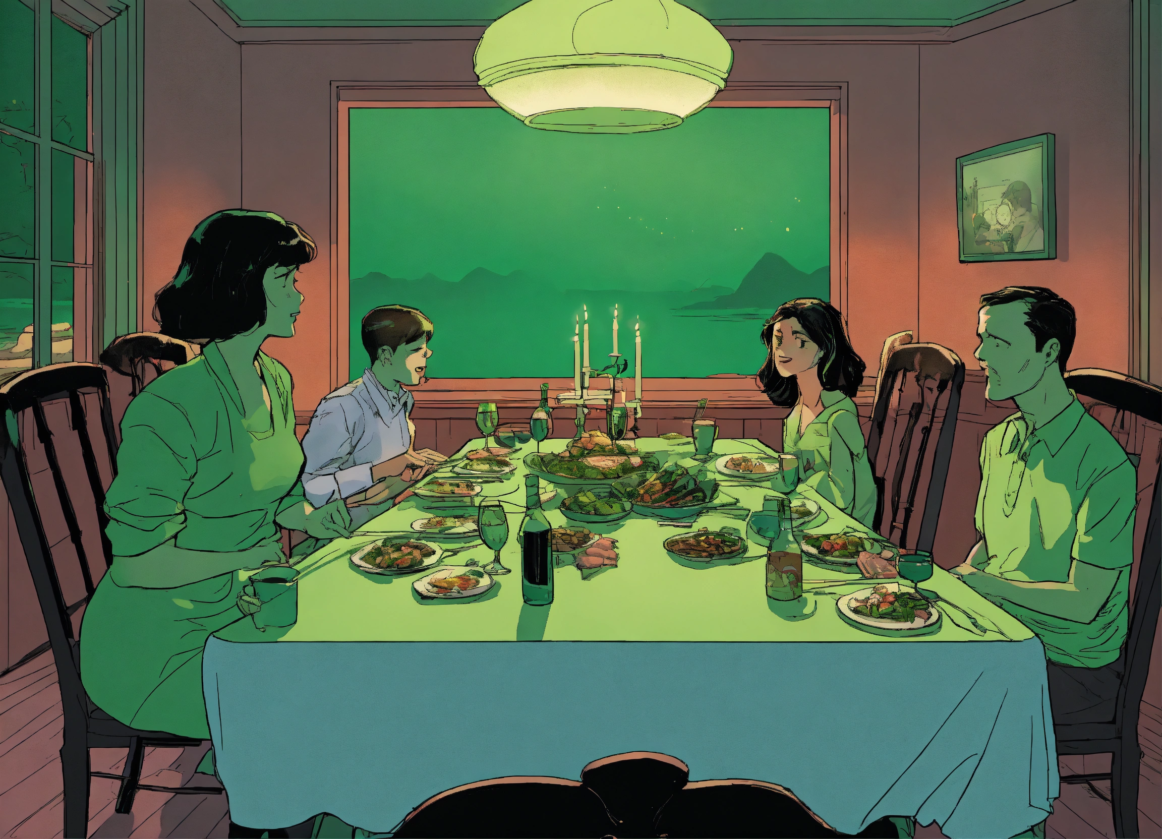 Lexica - Illustrate a comic cartoon poster showing a family dinner ...