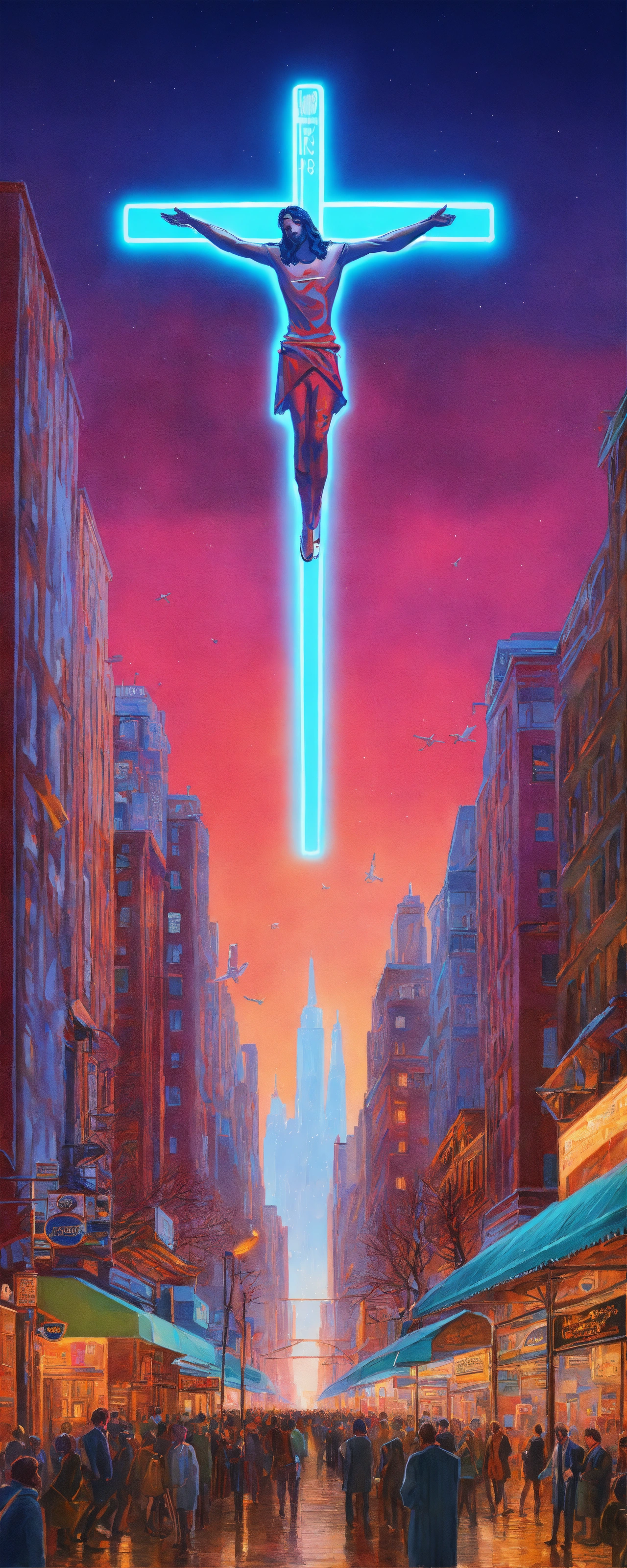 Lexica - Ultra-detailed illustration of "A huge flying iron-Jesus" in a ...