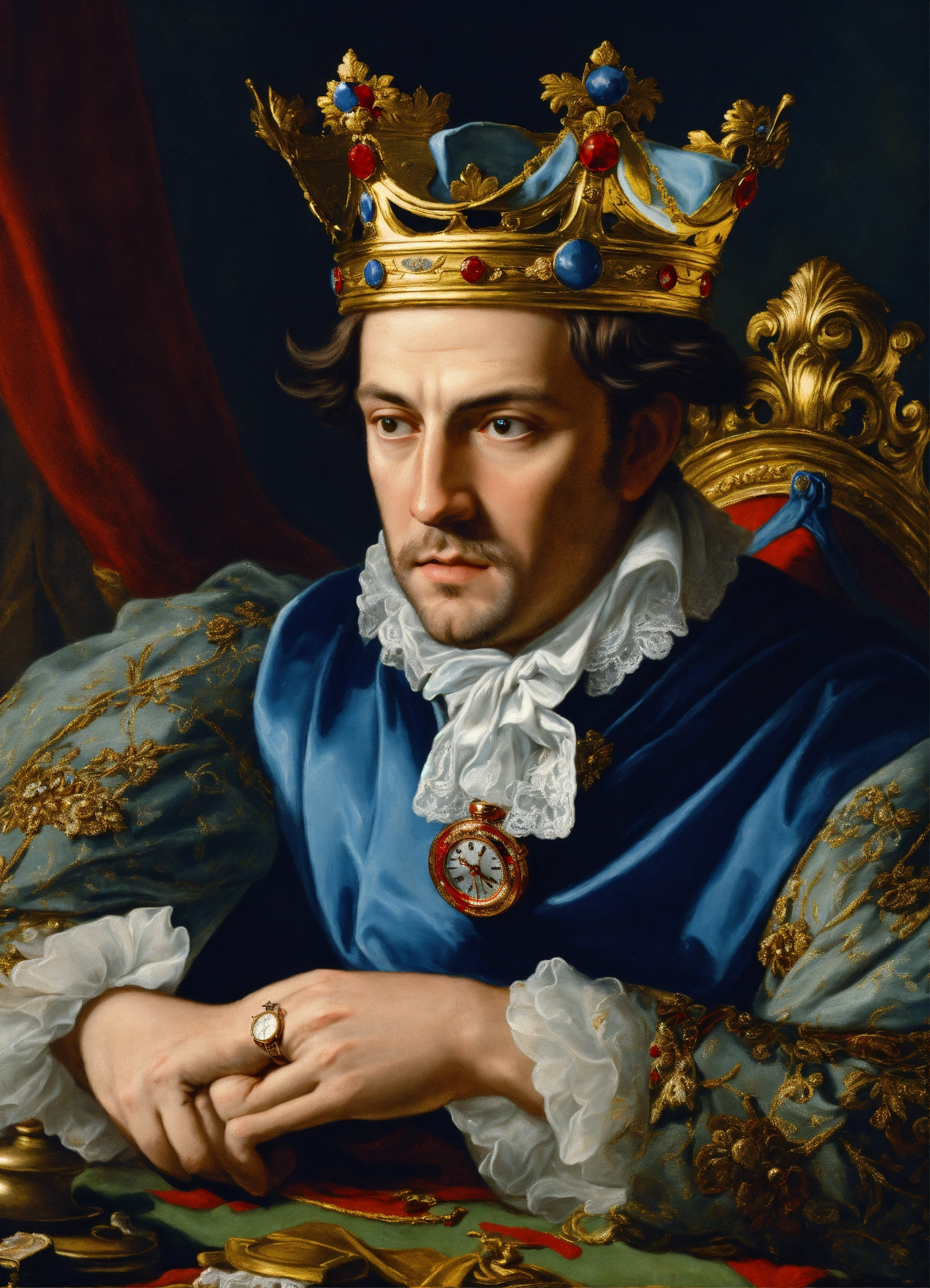 Lexica - King louis the 19th looking at his watch with a scared look on ...