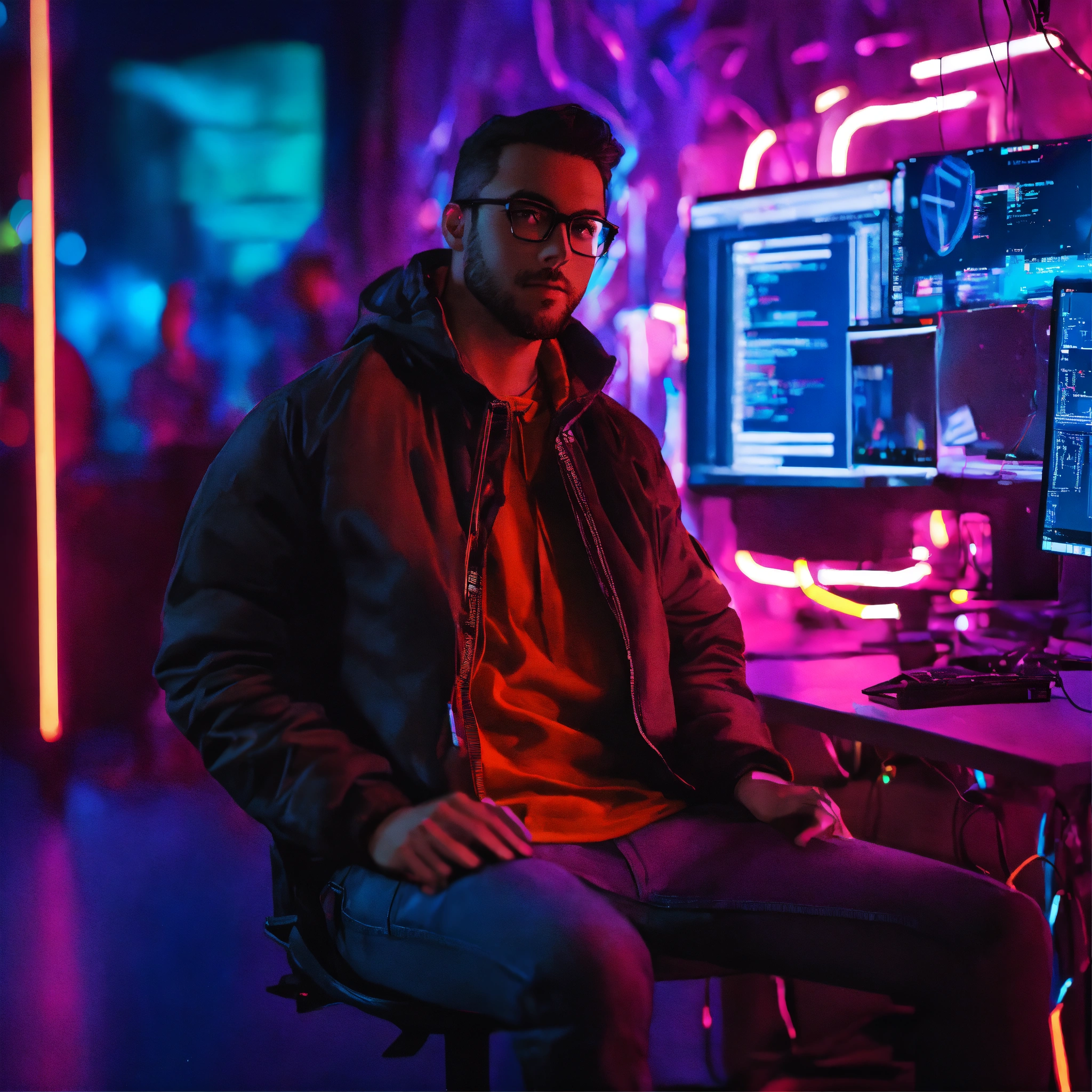 Lexica - A big team web developer in an environment with neon lights