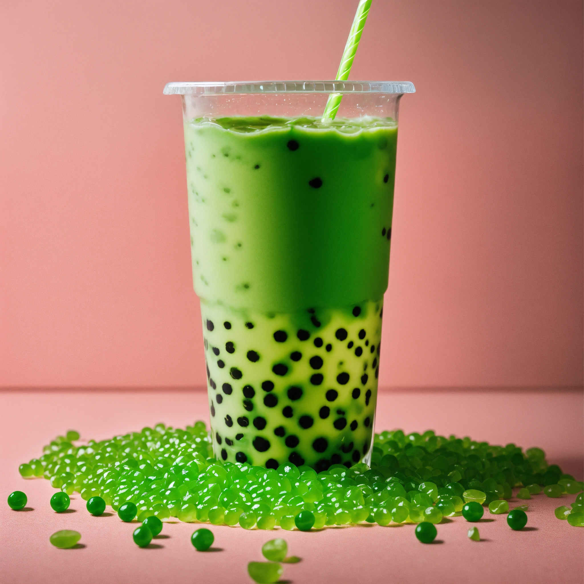 Lexica - Floating green boba tea. A lot of bobas. Stickers on cup ...