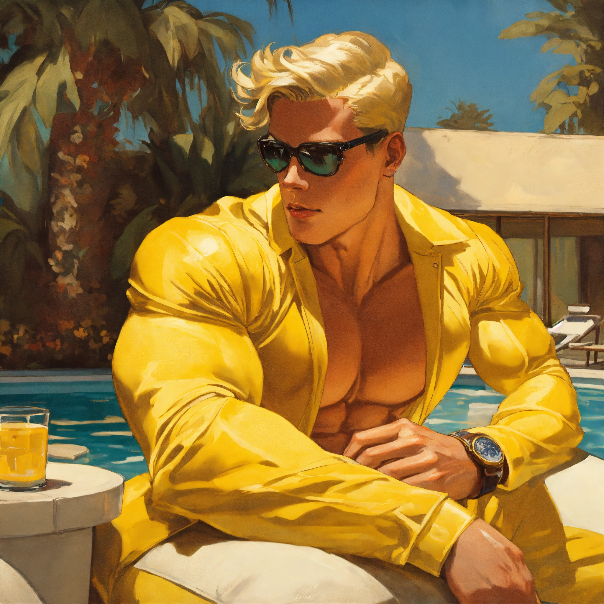 Lexica - A blonde muscle sportsman in yellow speedo seating by the pool ...