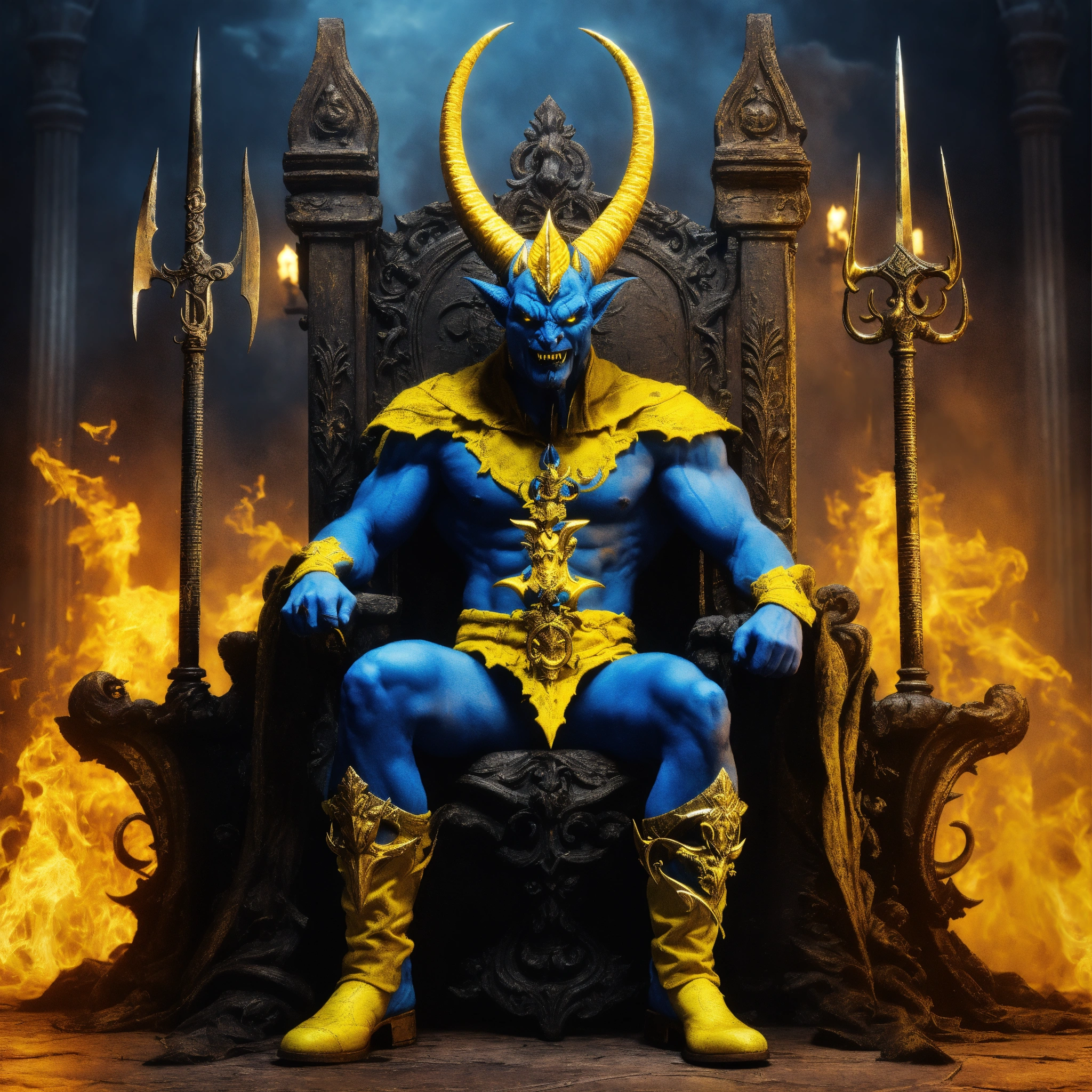 Lexica - Evil demonic yellow and blue devil, holding a trident, sitting ...