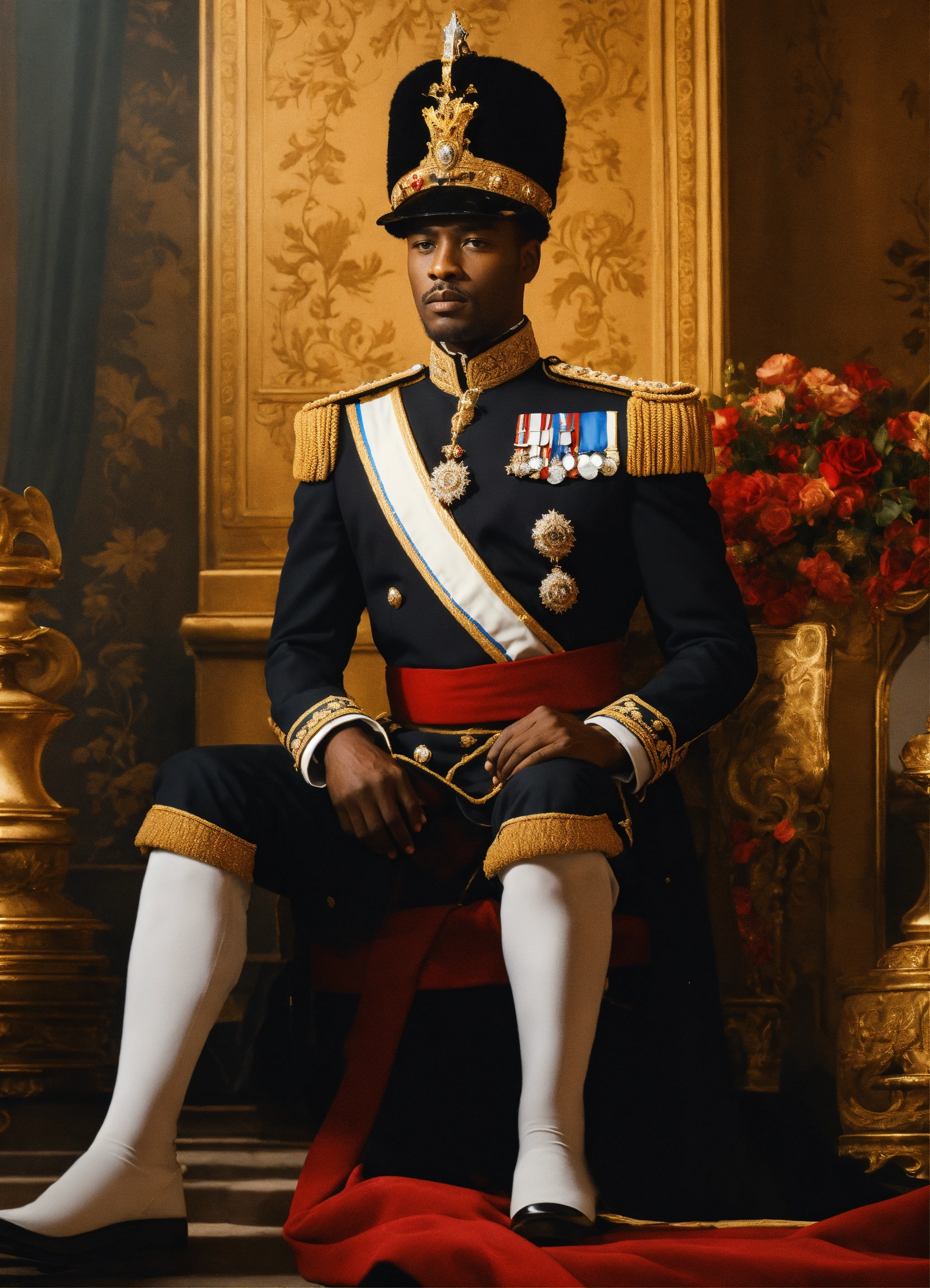 Lexica - A royal black king with a beautiful crown in uniform full body