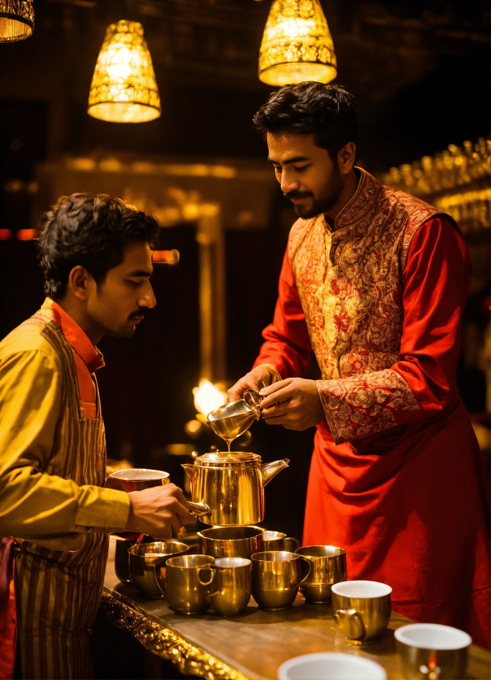 Lexica - Chai master pouring Chai tea from one cup to another cup that ...