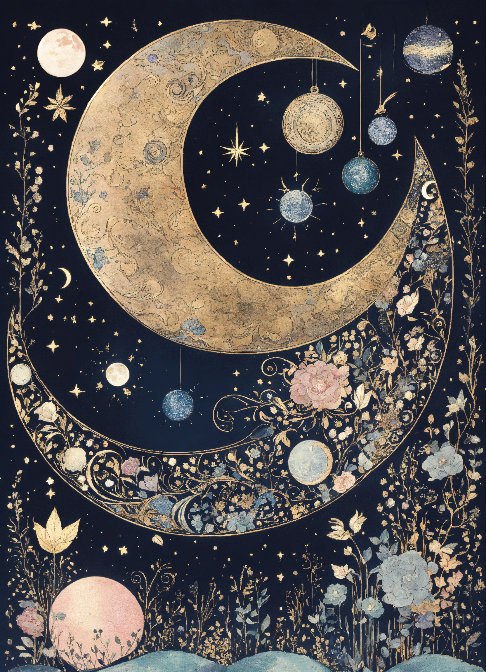 Lexica - Line art whimsical moon with glimmering illustrations and ...