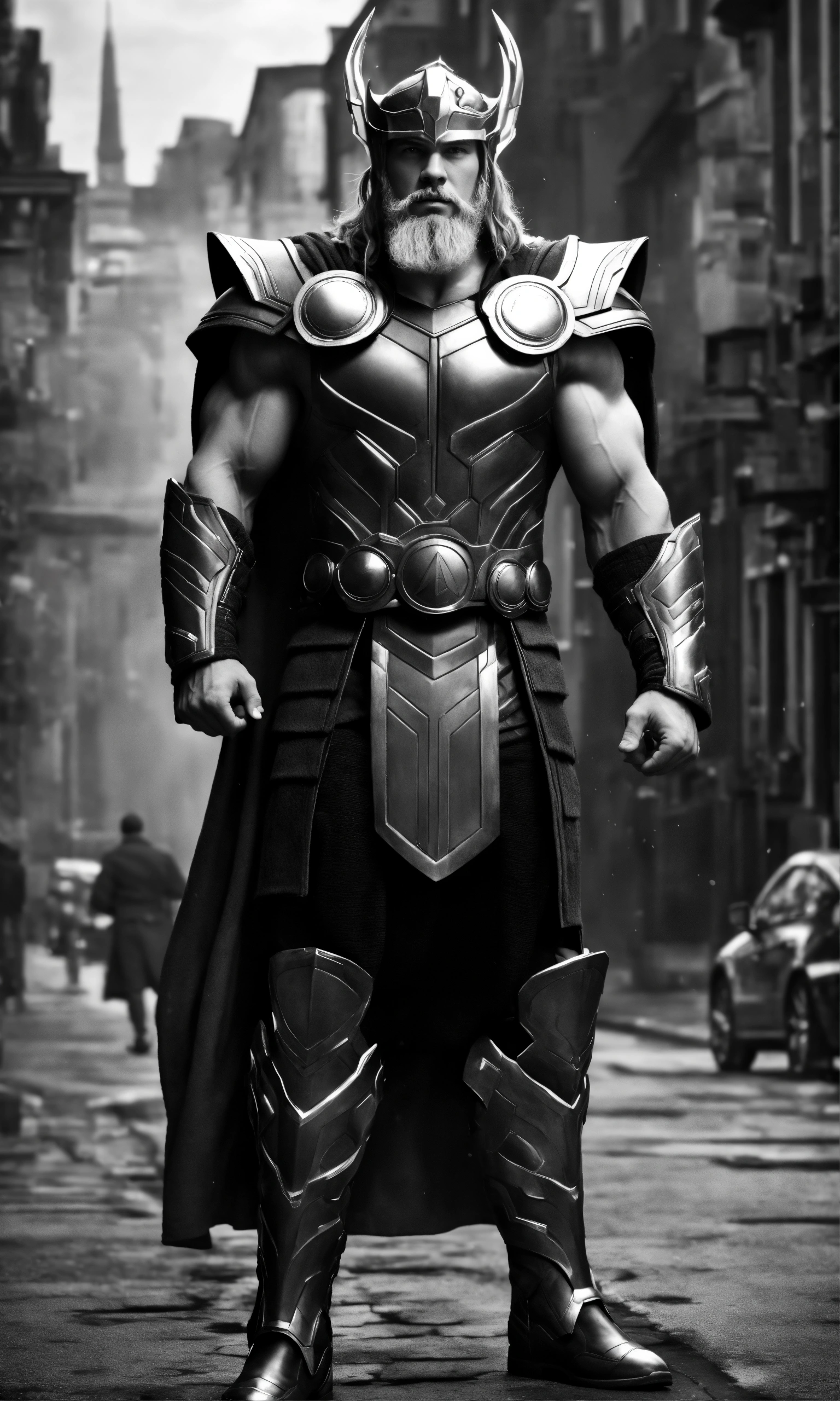 Lexica - In 1800 Thor stands on the street full-body, black and white ...