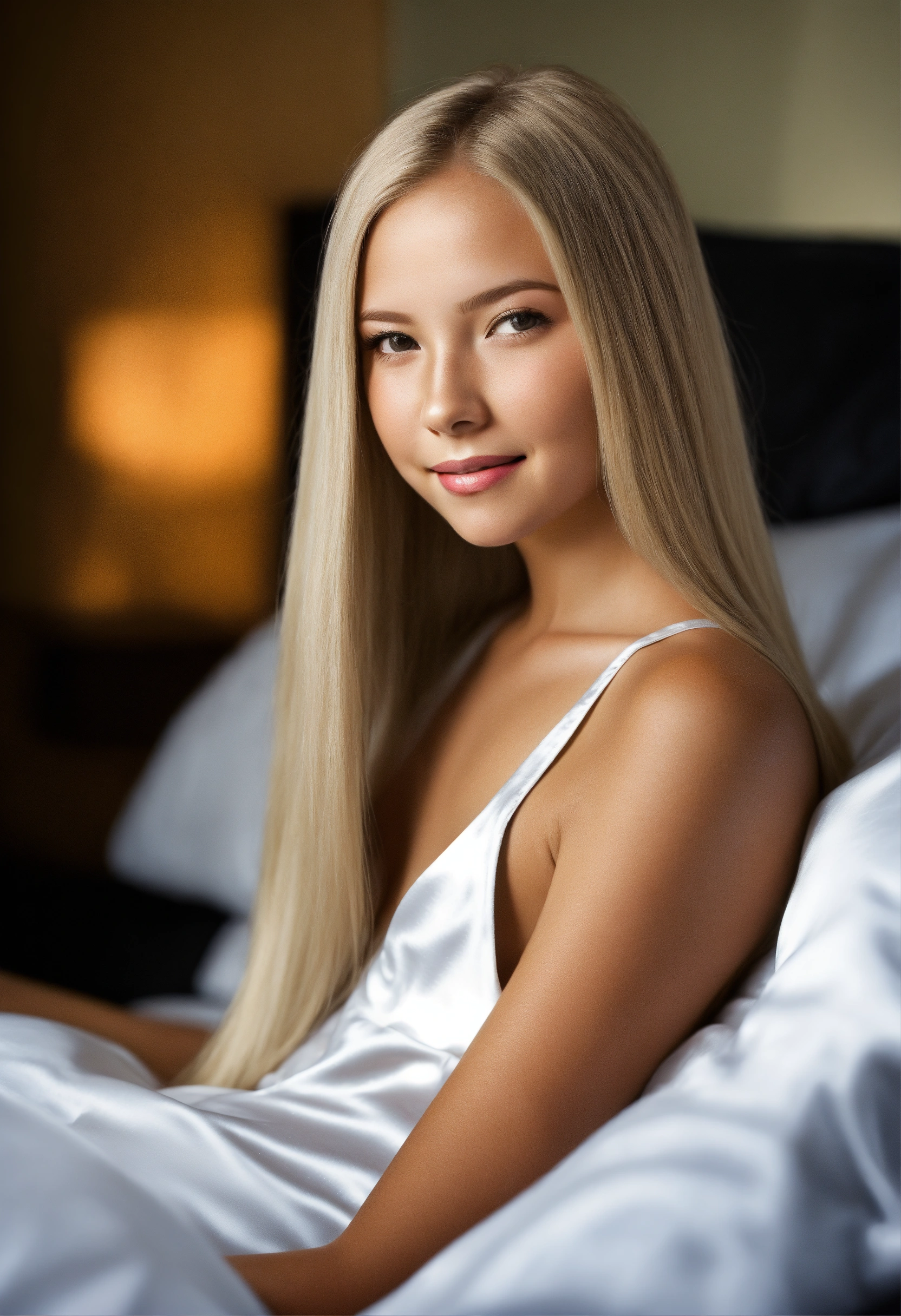 Lexica - Stunning angelic platinum blond young petite tween. Black plain silk nightie. Very ...