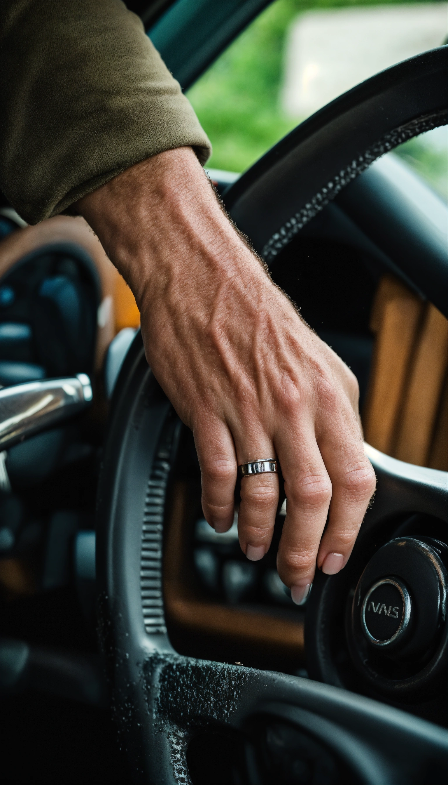 Lexica - A man’s greasy hands with unclipped nails on steering wheel