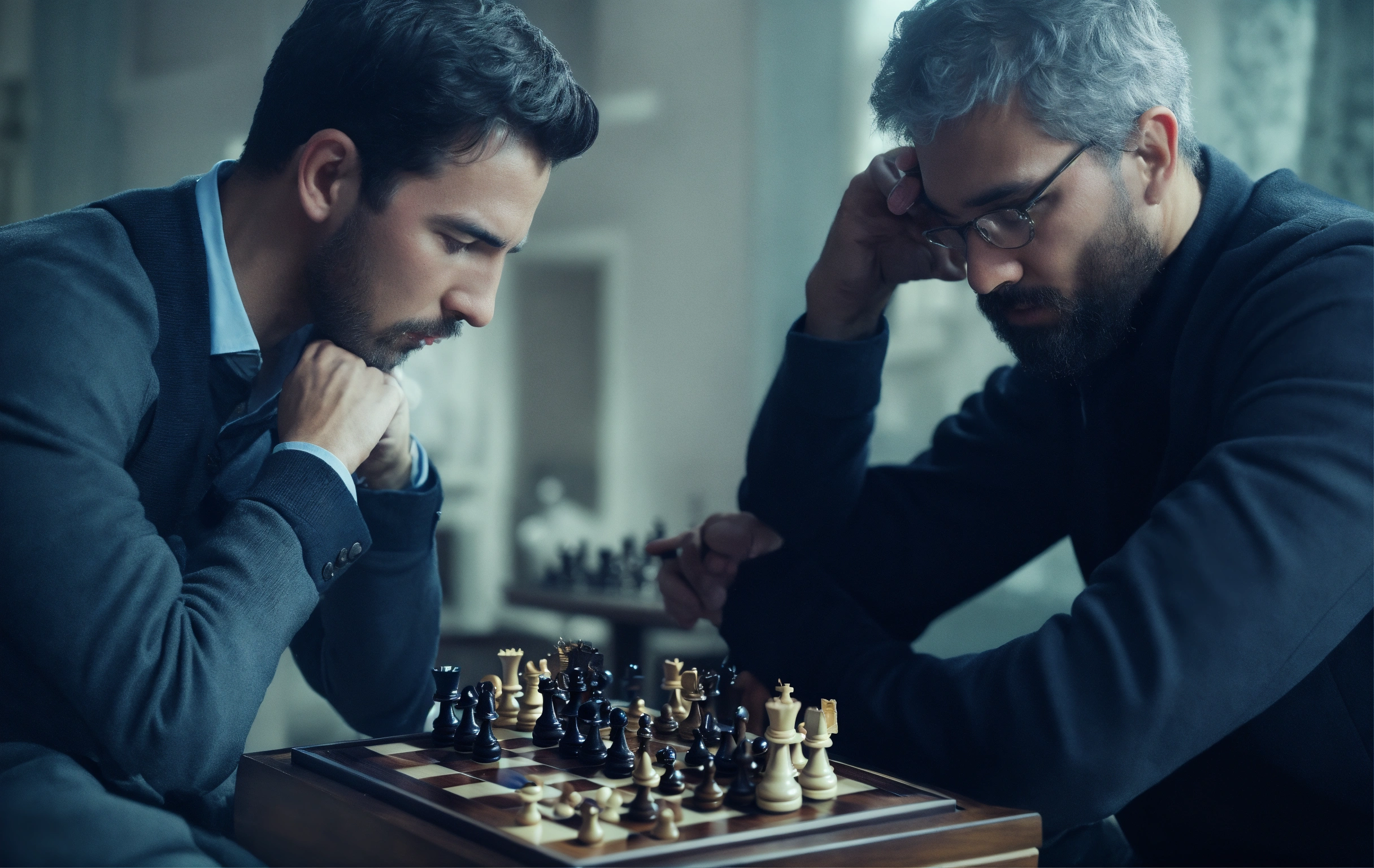 Lexica - Two masters are playing chess, with cold and advanced background