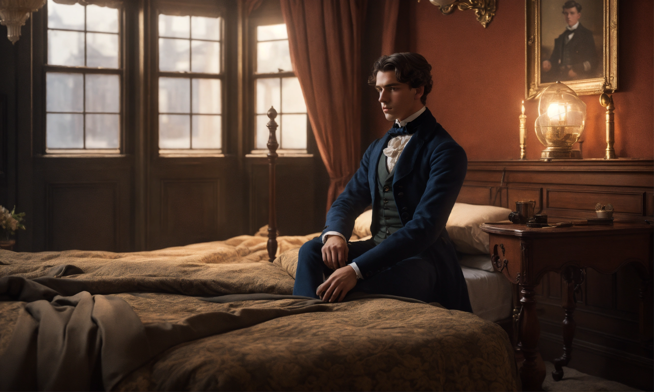 Lexica - Young and handsome Victorian man , a sad and nostalgic bedroom ...