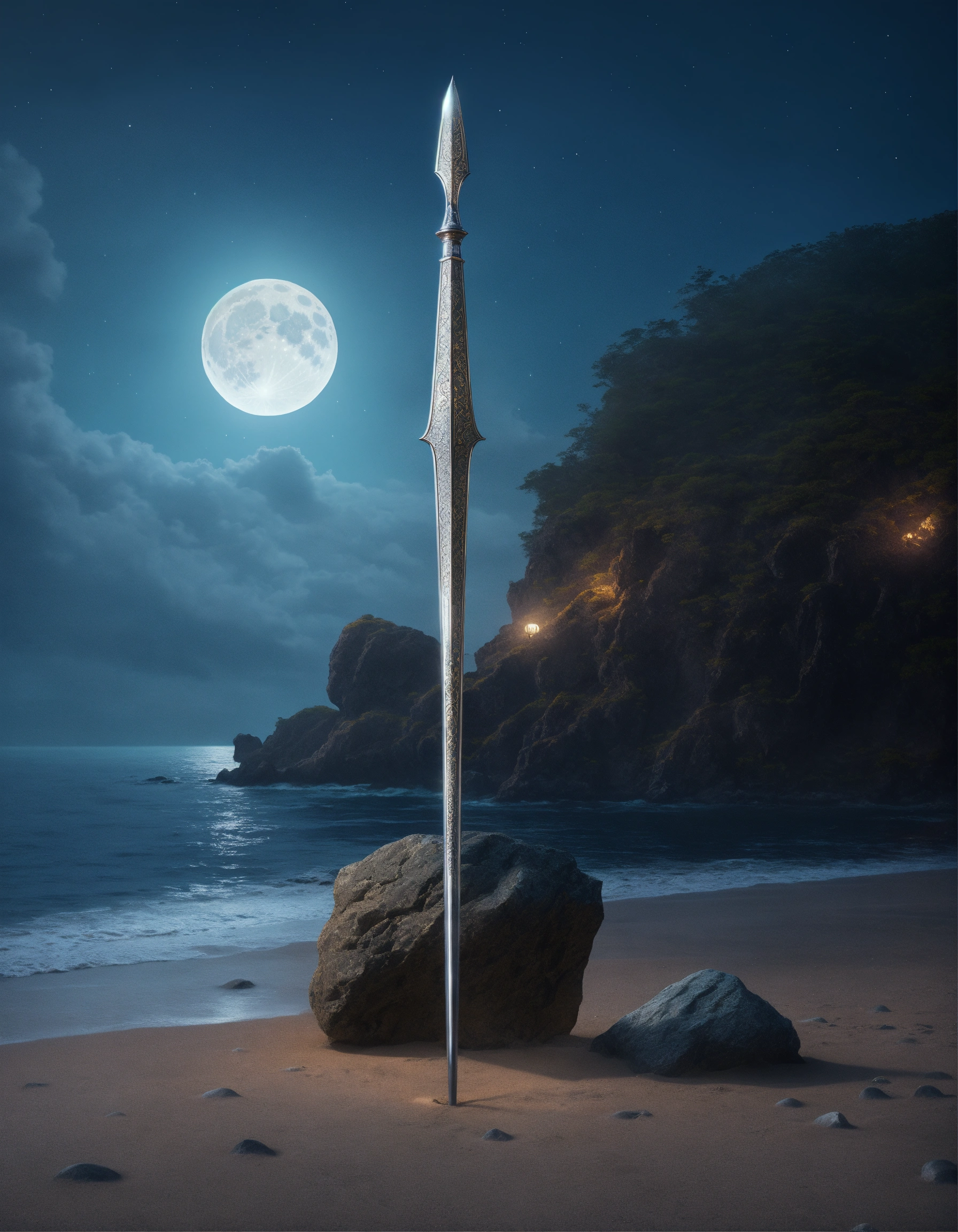 Lexica - 8k, picture of a long lunar-silver spear, very detailed, ultra ...