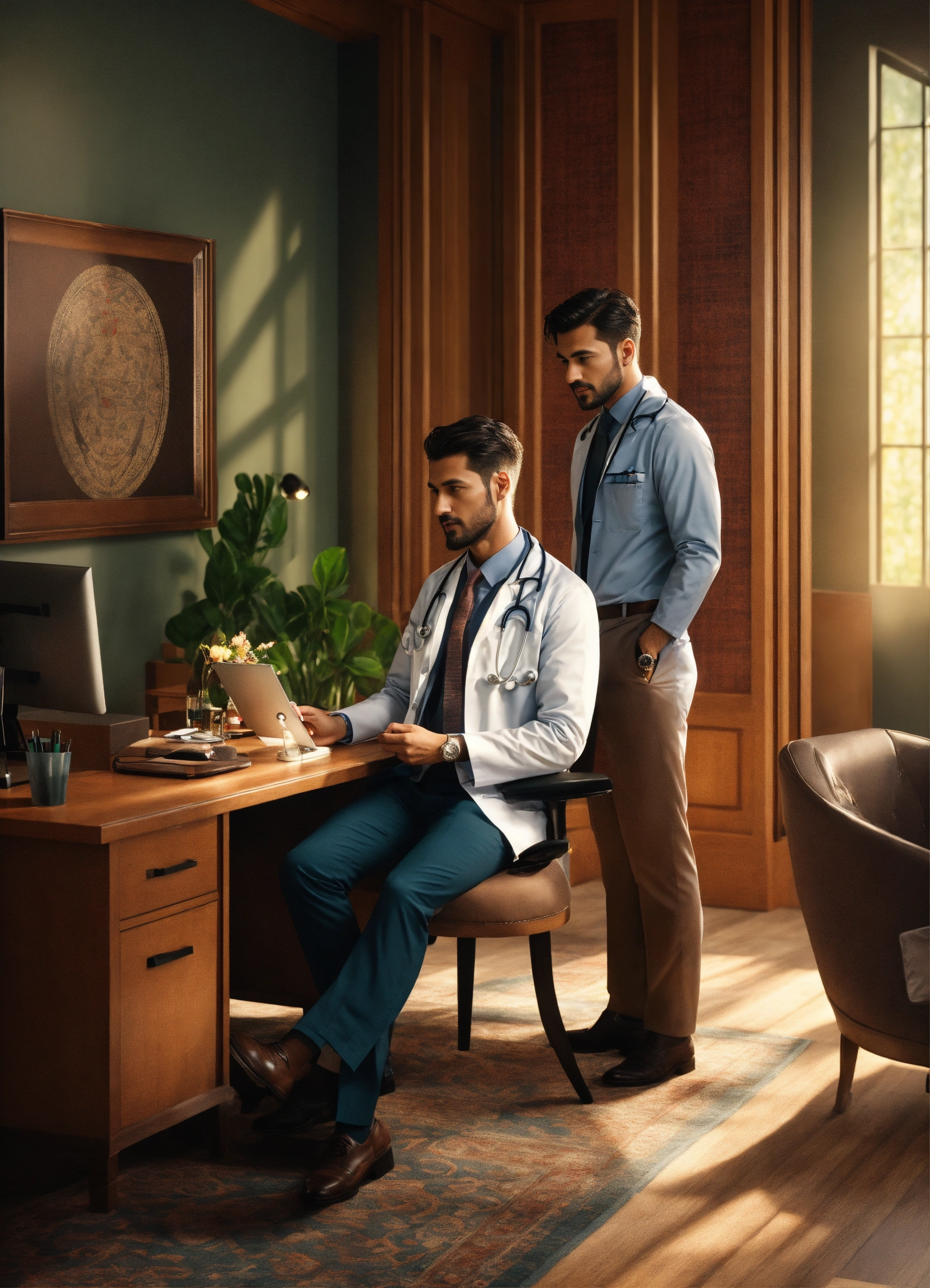 Lexica - Realistic scene of a handsome doctor seeing a patient in a ...