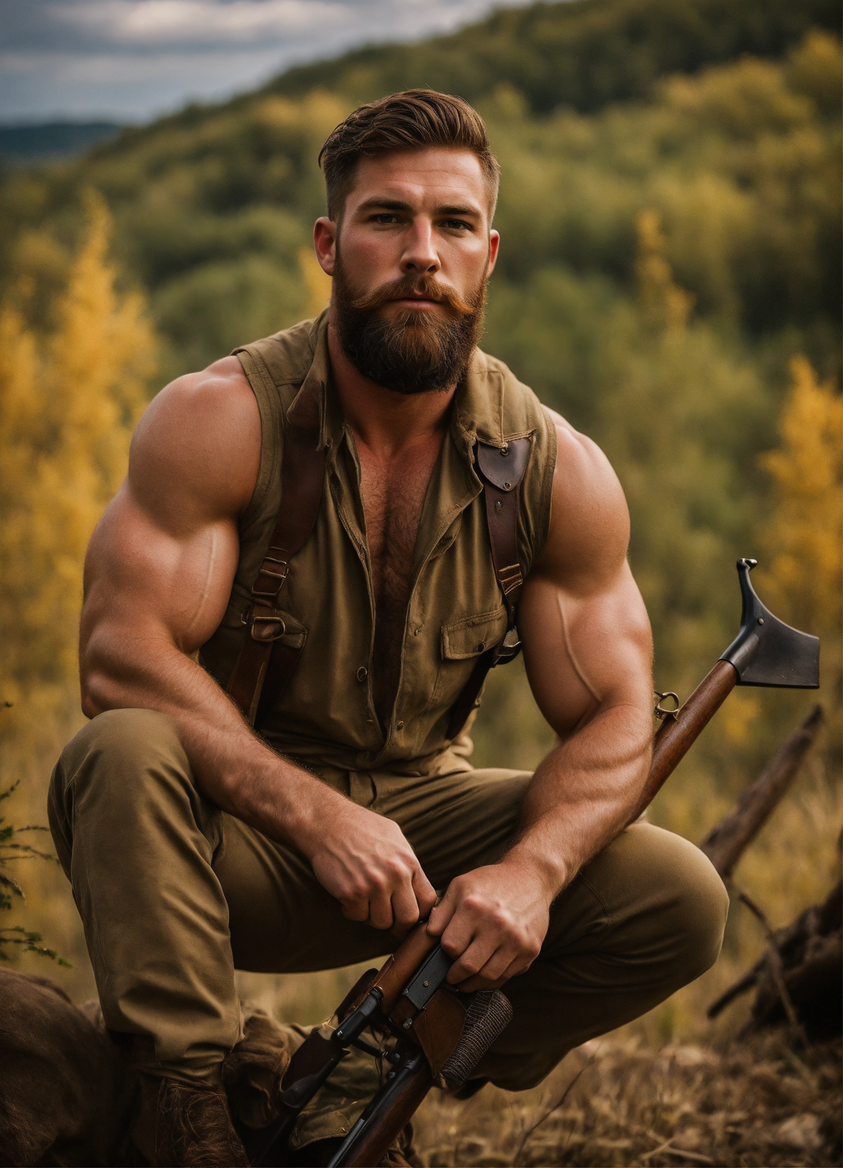 Lexica - Handsome masculine country man, bearded hunter. He is muscular ...