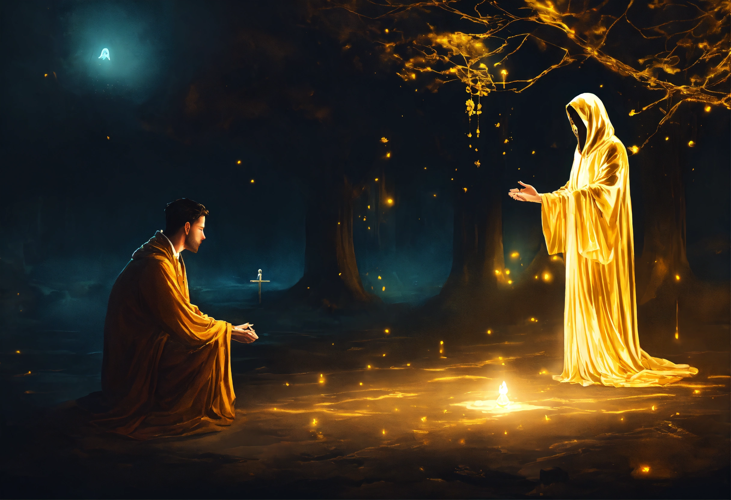 Lexica - Human praying in the dark to a golden gold unclear ghost which ...