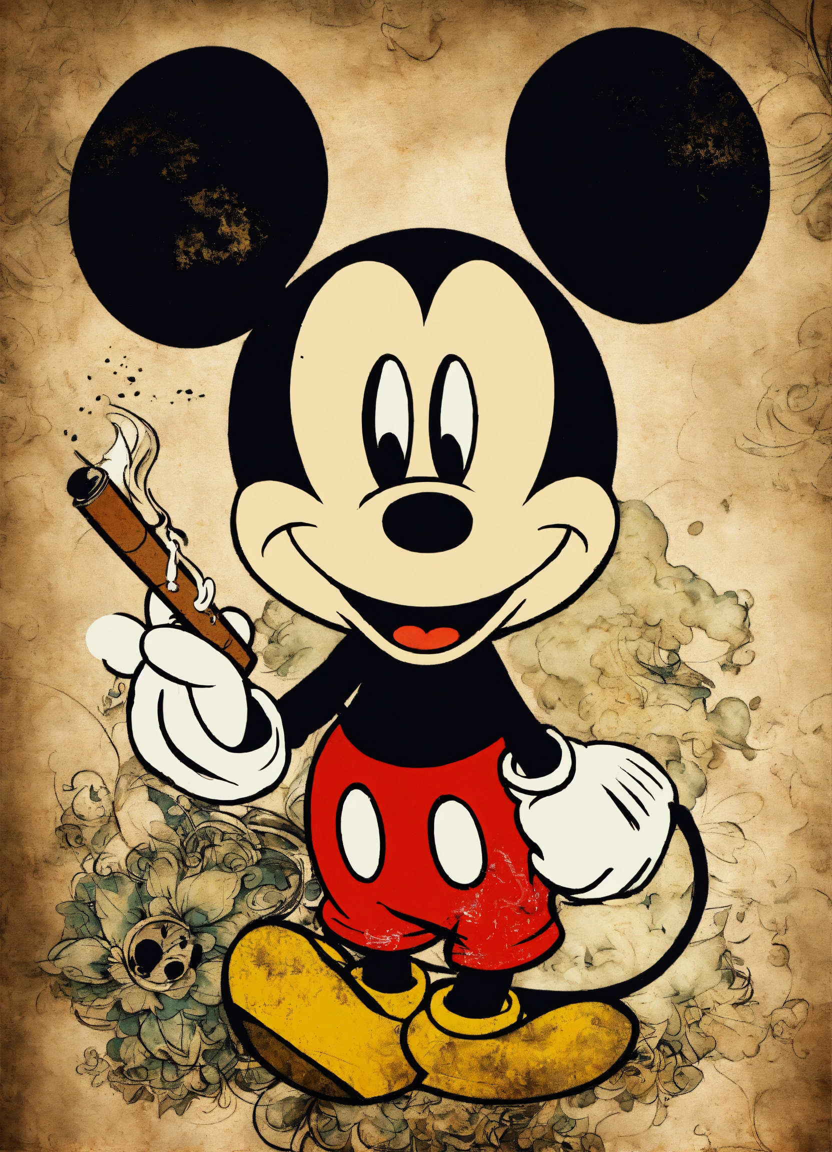 Lexica - Mickey mouse smoking, grungy, best quality, intricate detail