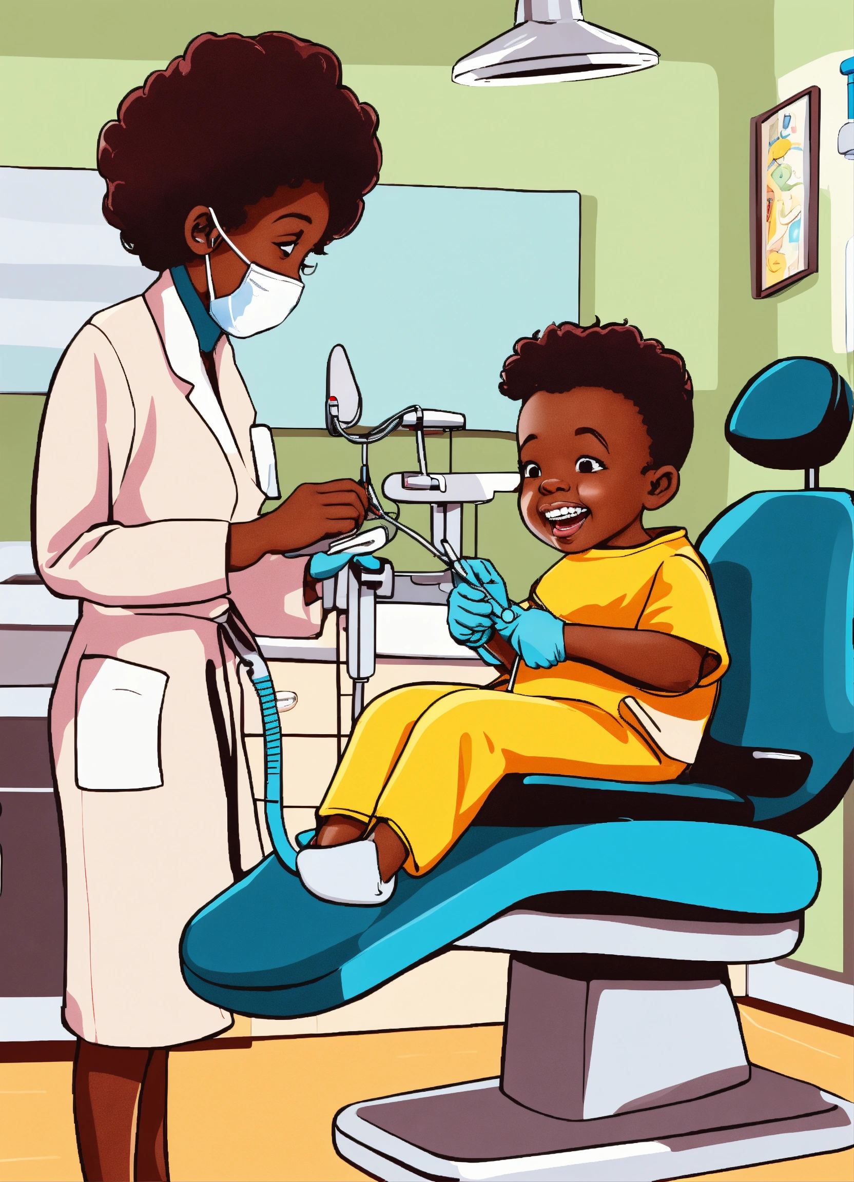 Lexica - Cartoon image of black child at the dentist with his mum