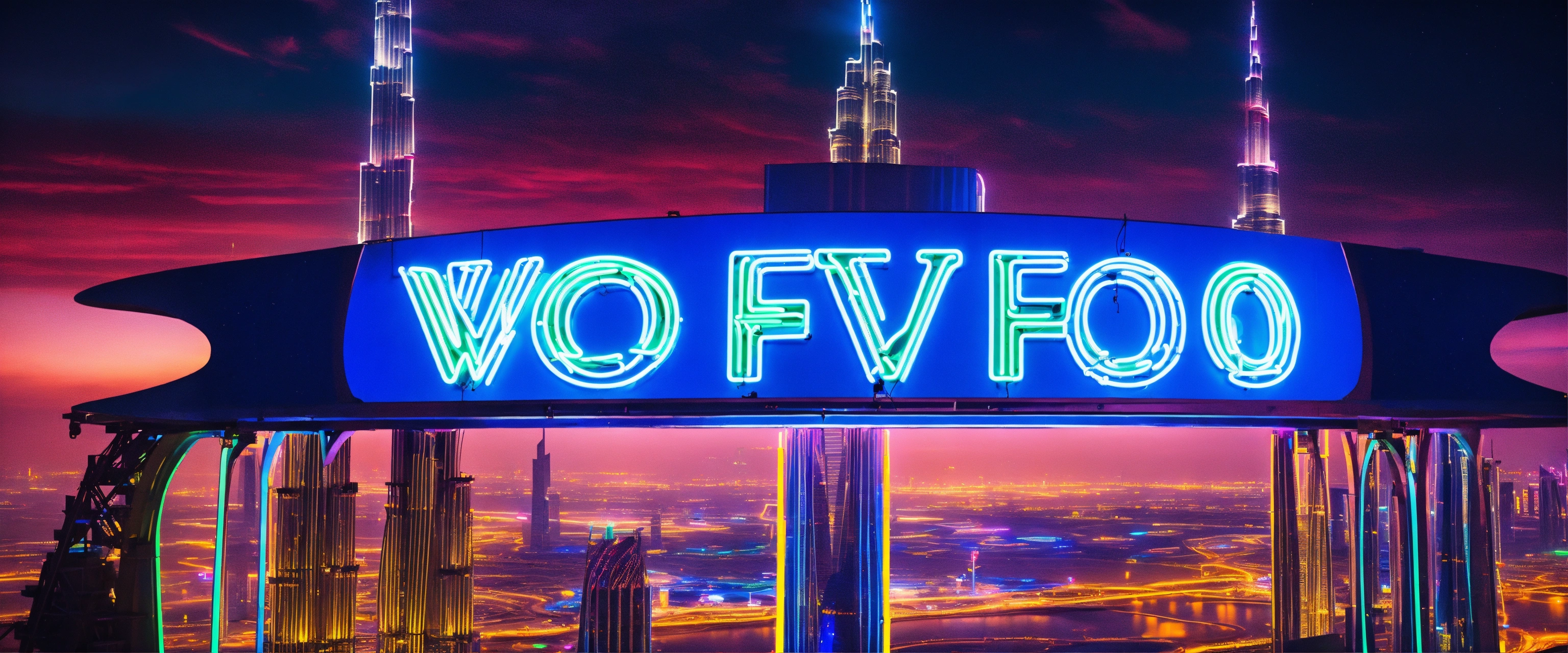 Lexica - Stadium name WOFO neon lights burj khalifa view big sign with ...