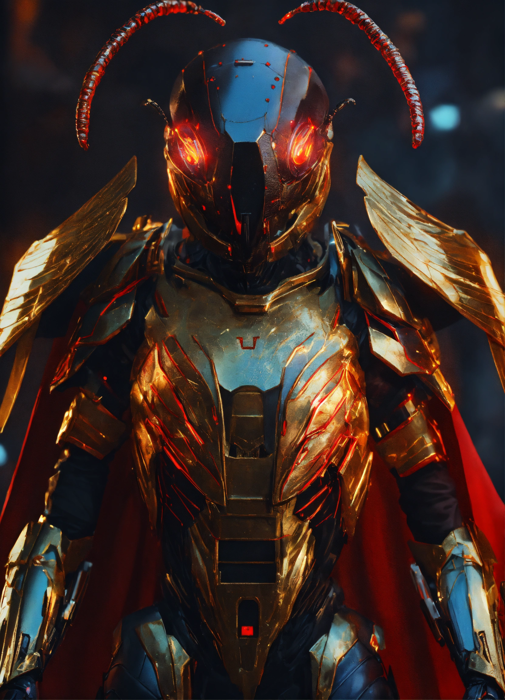 Lexica - Close up of black cockroach faced humanoid with red glowing ...