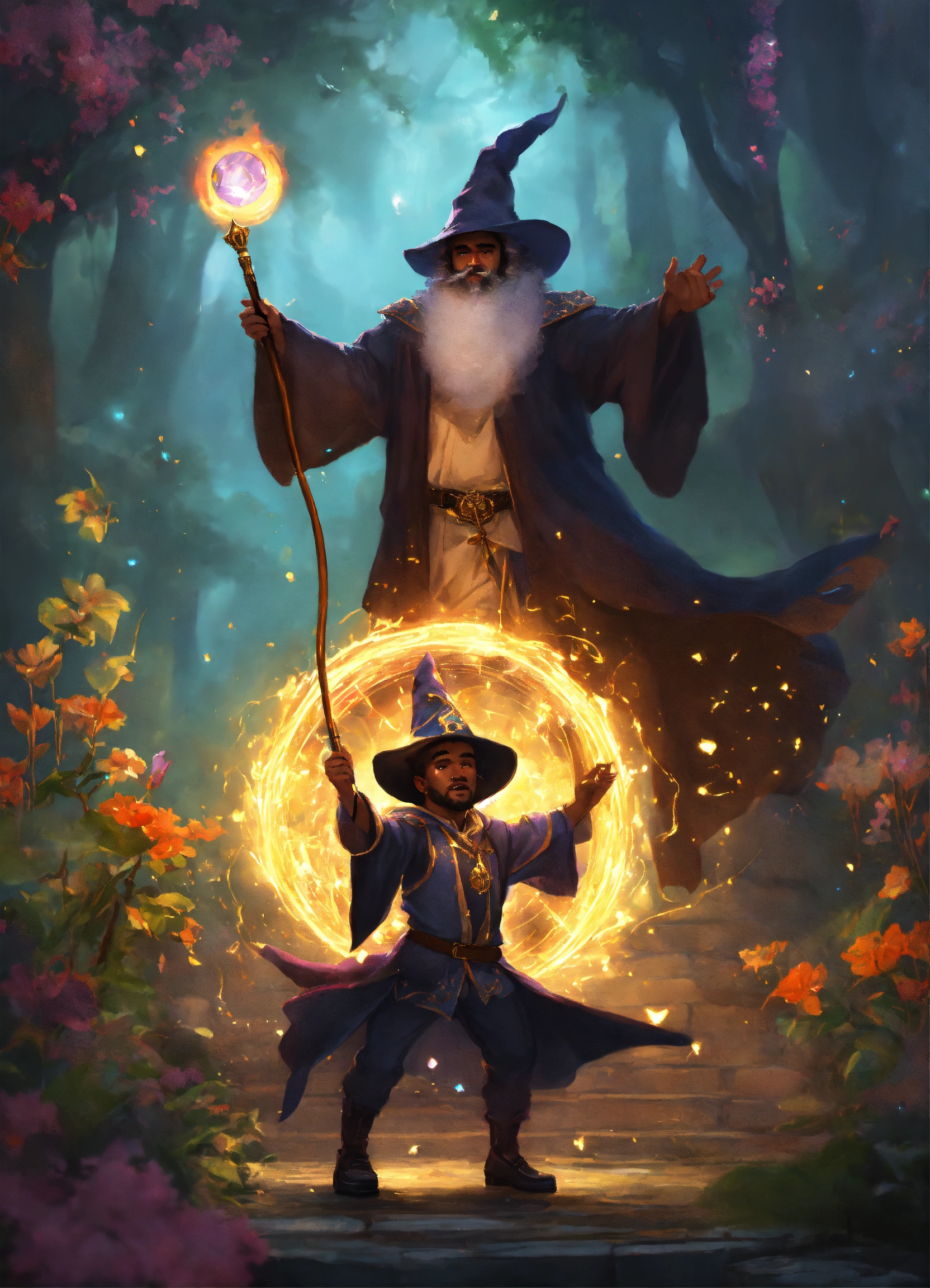 Lexica - Stocky black guy wizard summoning a fairy