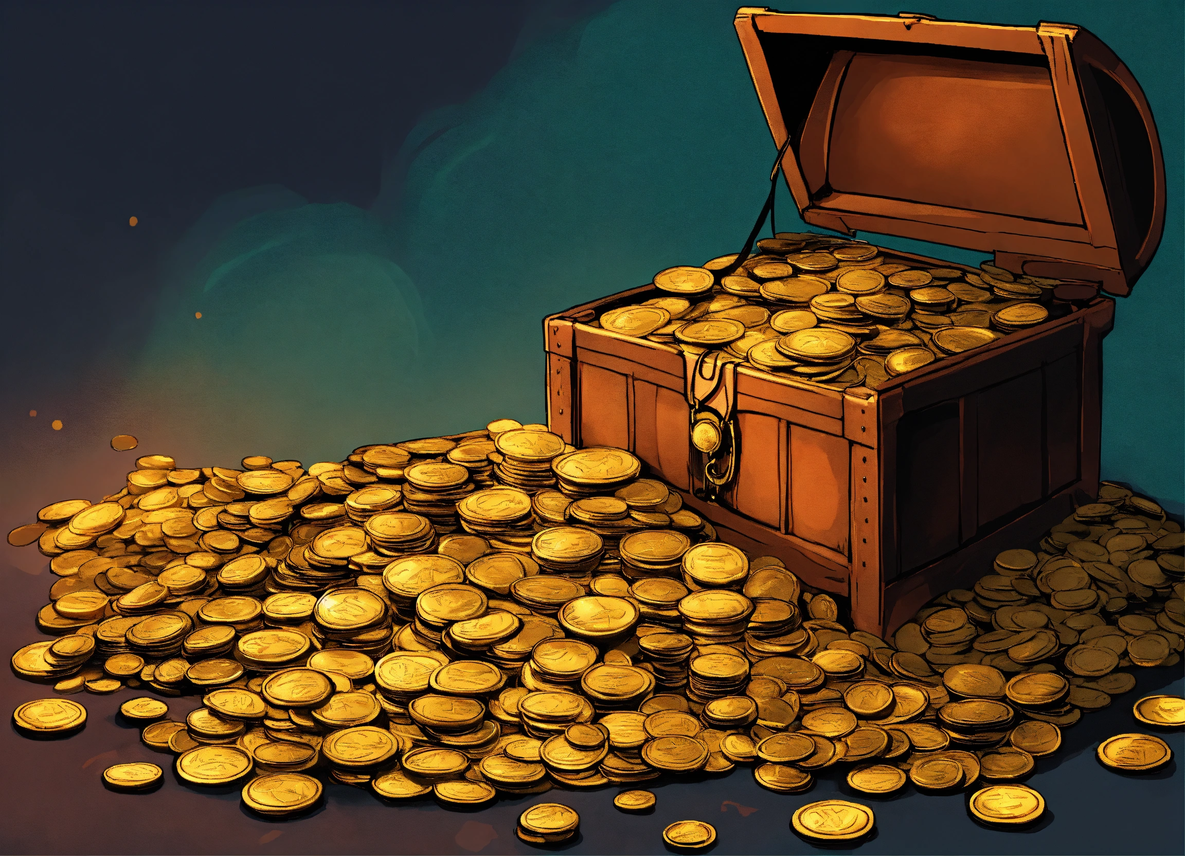 Lexica - A fantasy coffer of gold coins, in graphic novel art form