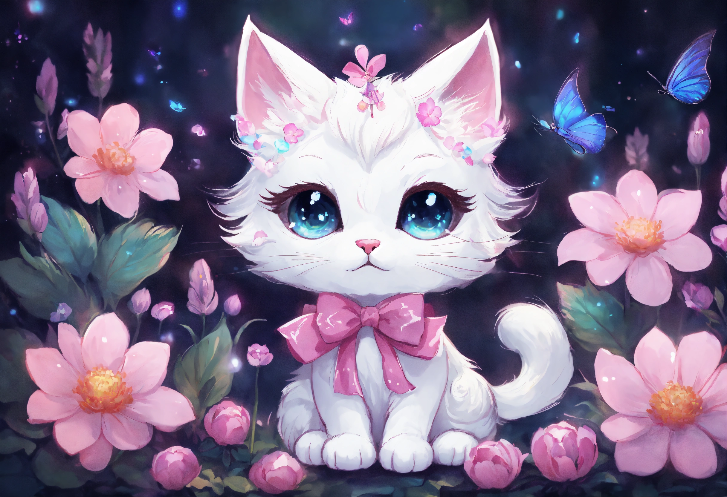 Lexica - Ethereal fantasy concept art of chibi white cat with pink bow ...
