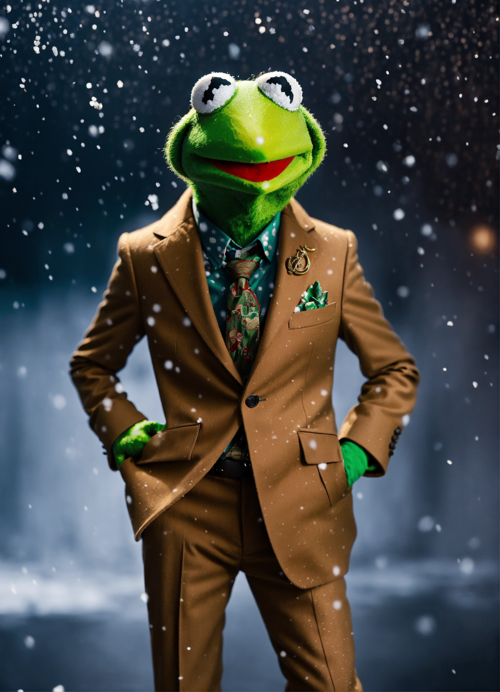 Lexica - Kermit the Frog wearing a brown gucci suit, gucci promo photo, 8k photo, snowing ...
