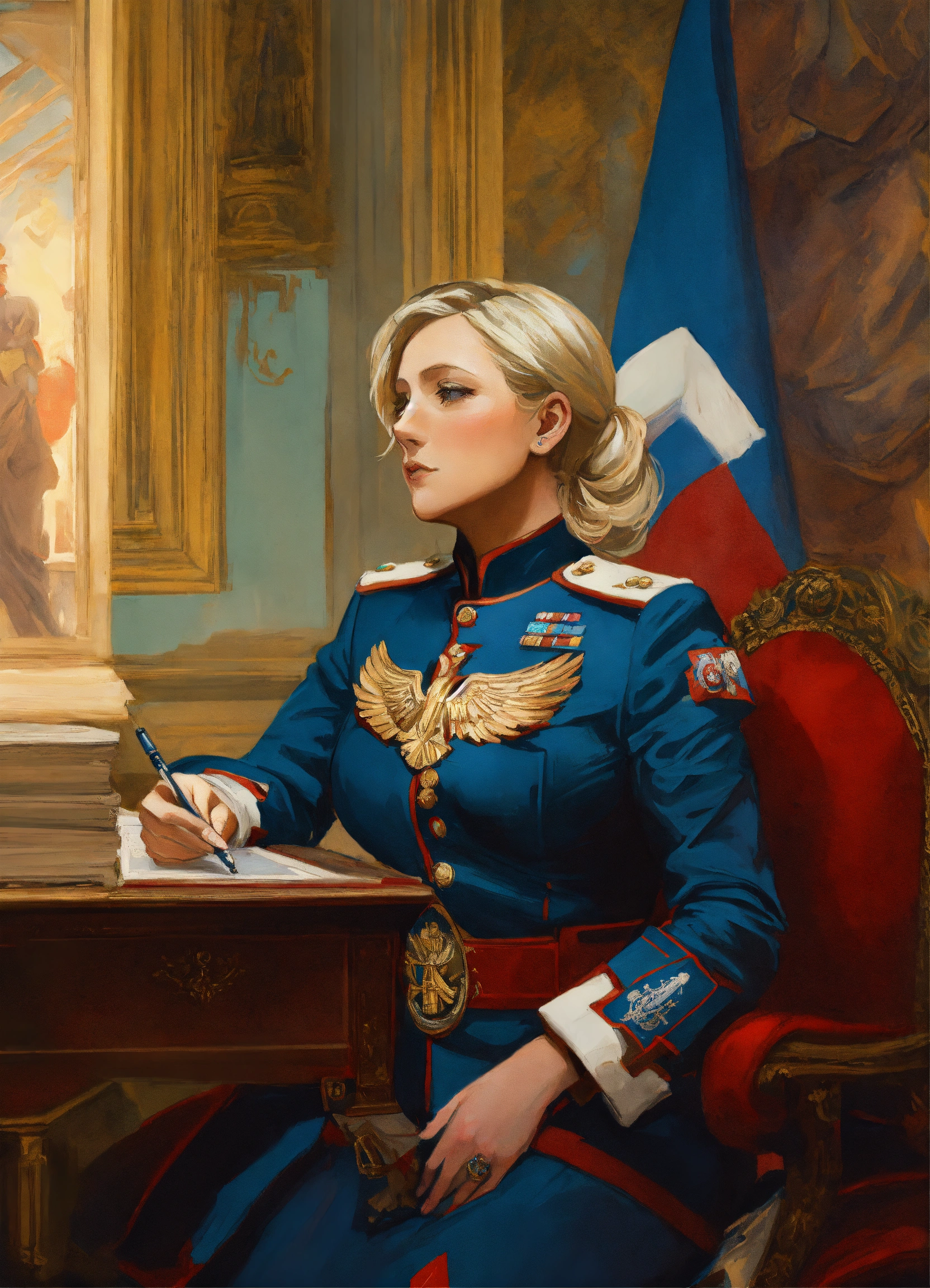 Lexica - Painting of Marine Le Pen in her president office, wearing a ...