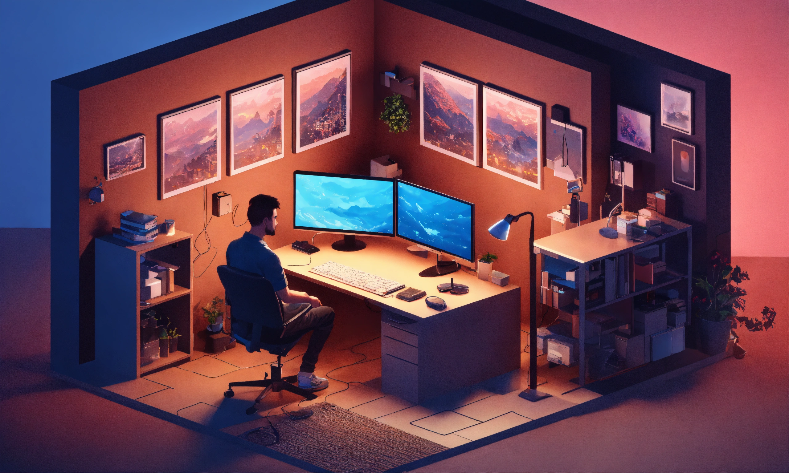 Lexica - A programmer in front of his computer station, isometric cube ...