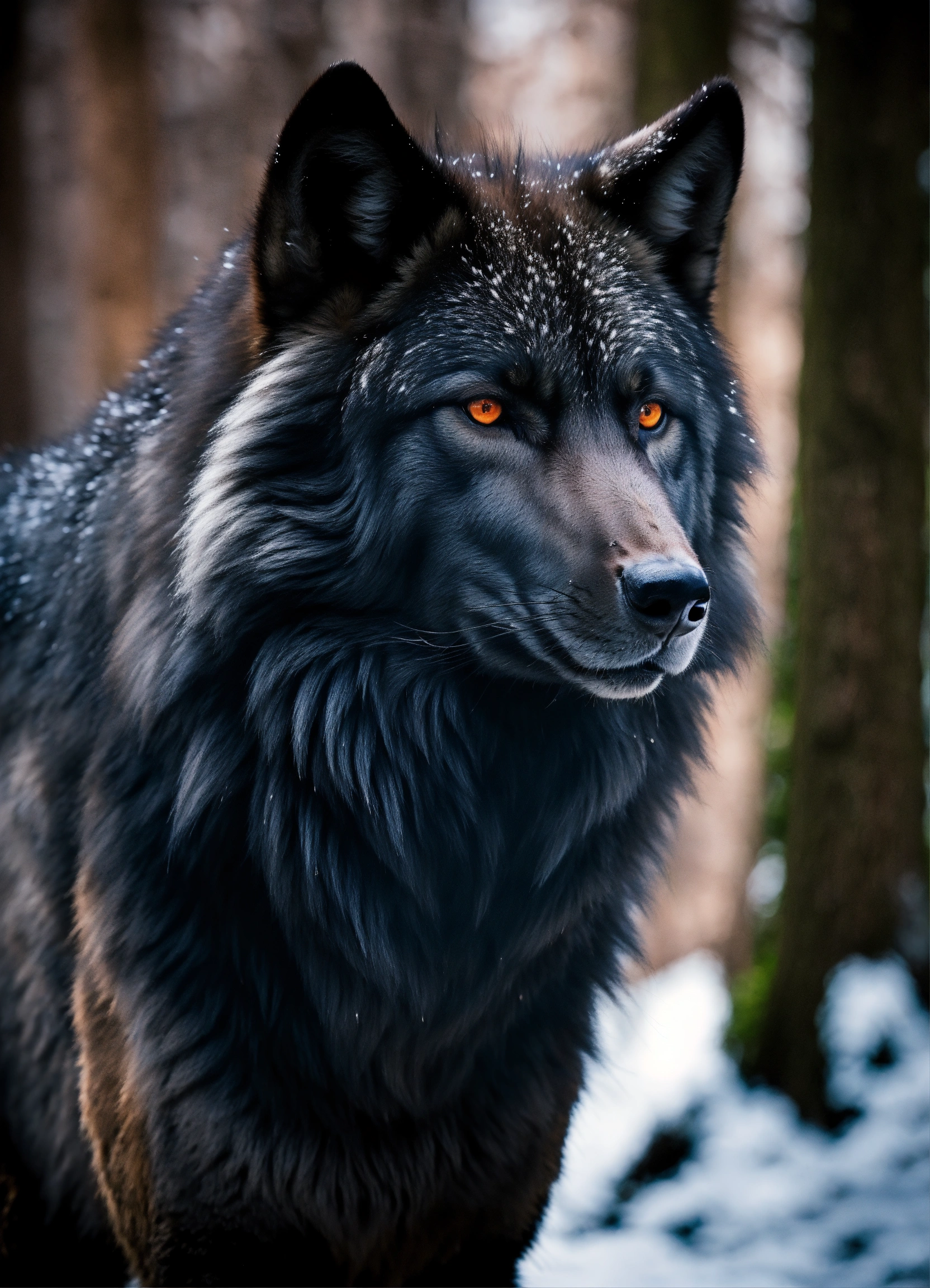 Lexica - Massive, black fur, wolf, in the woods, red eyes, up close