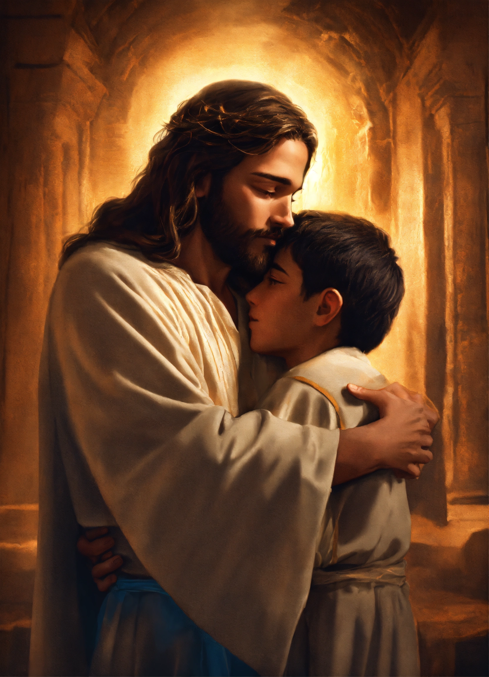 Lexica - JESUS HUGGING A HISPANIC BOY 8K. SURROUNDED BY DARKNESS.