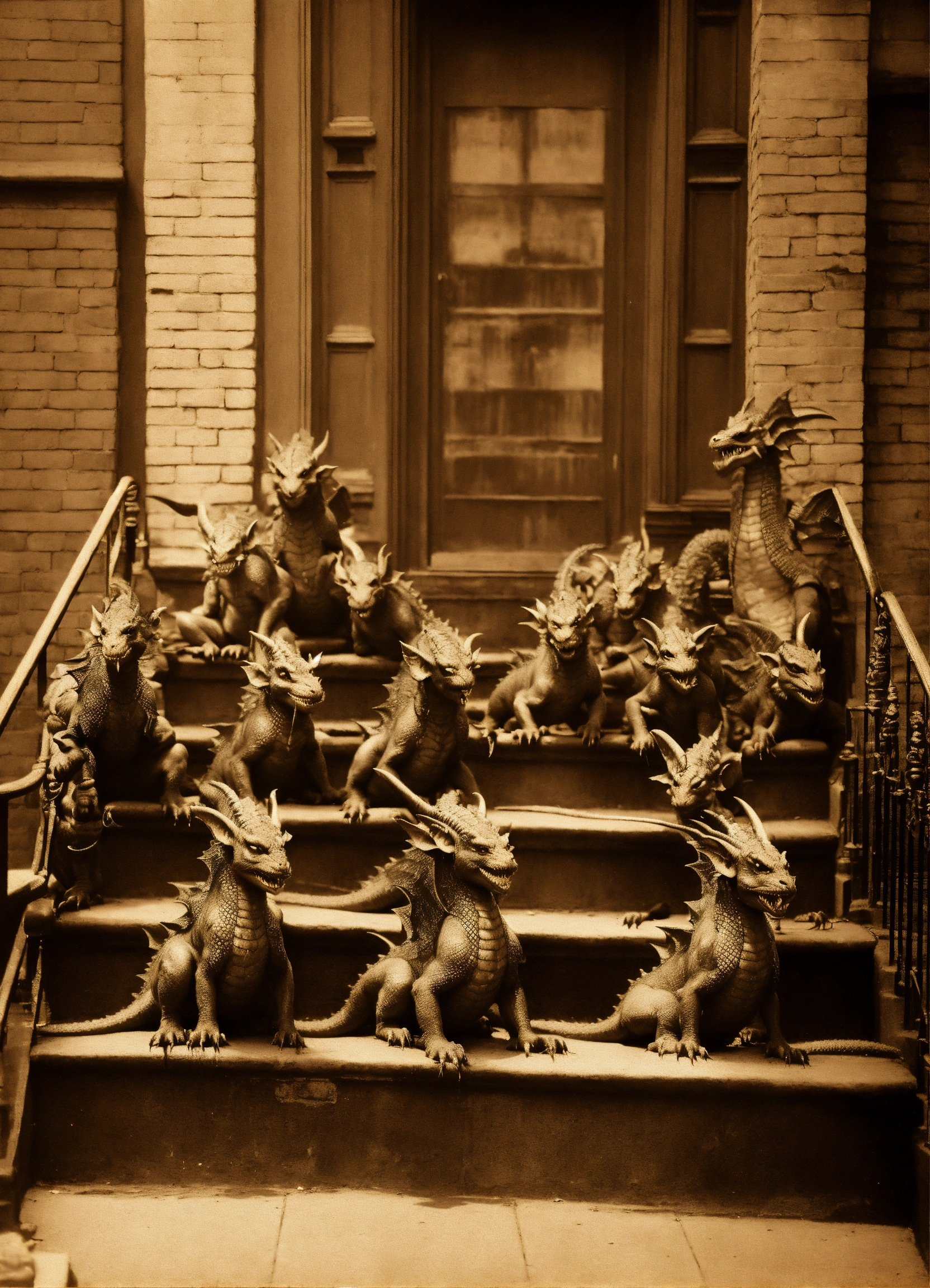 Lexica - Vintage 1800s photo of a gang of dragons sitting on steps ...