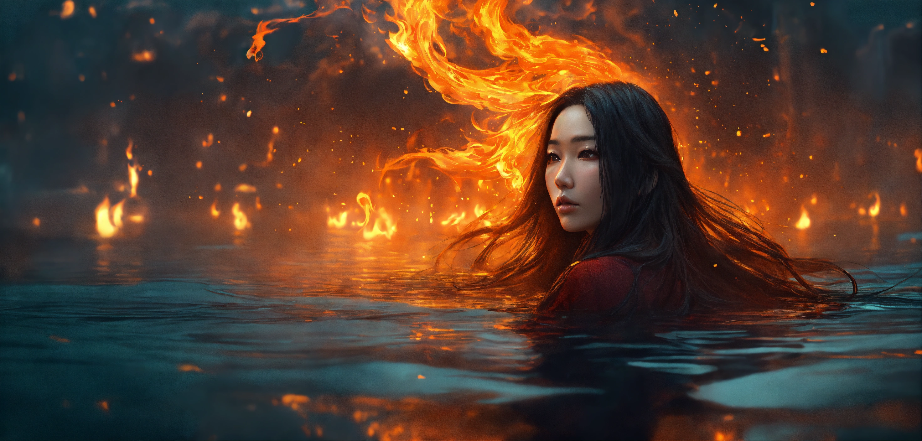 Lexica - Asian woman with long flowy hair wrapped in smoke and flames ...