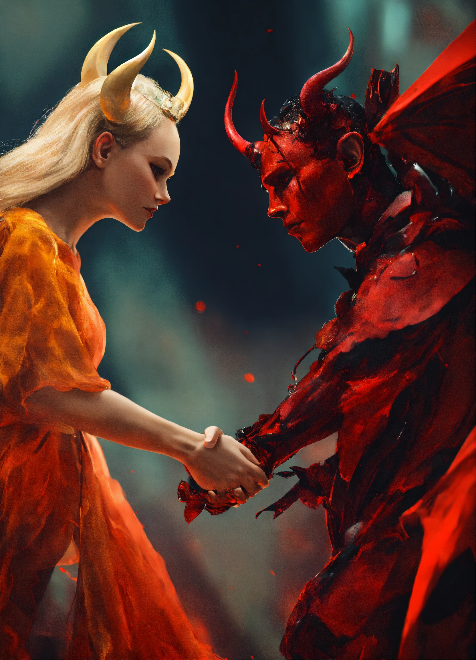 Lexica - Devil and human girl shaking hands close-up on abstract hands