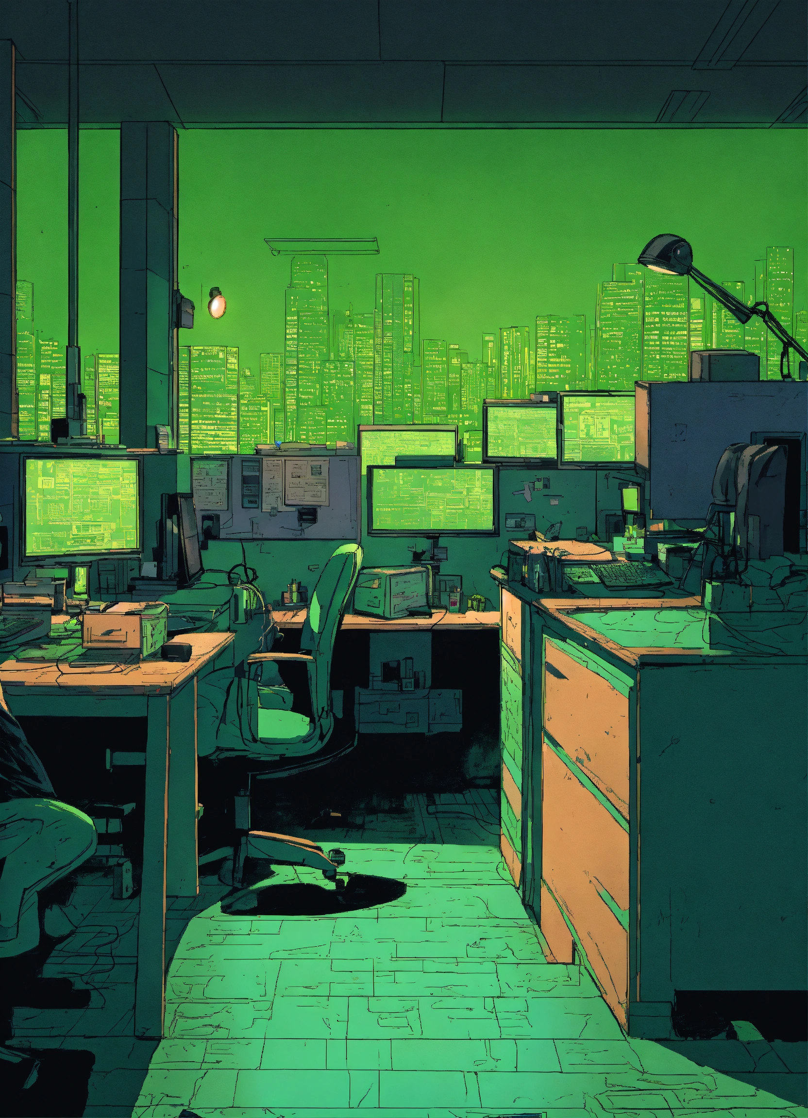 Lexica - Craft a comic cartoon poster of a dimly lit office space where ...