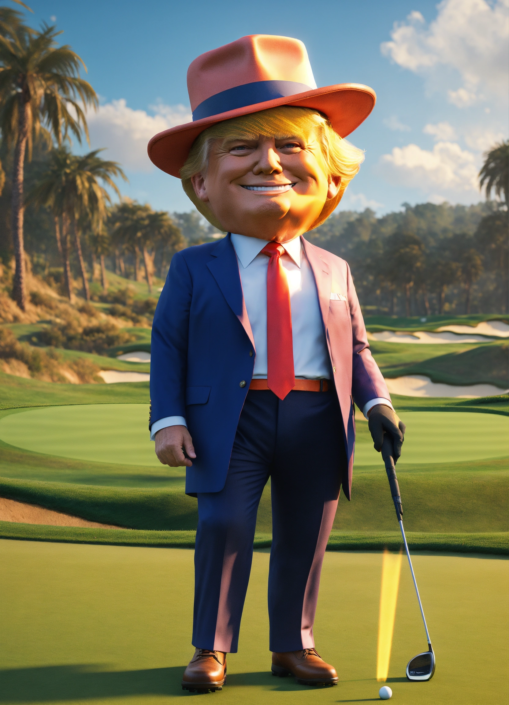 Lexica - Donald trump on a golf course, wearing a fedora, forward ...