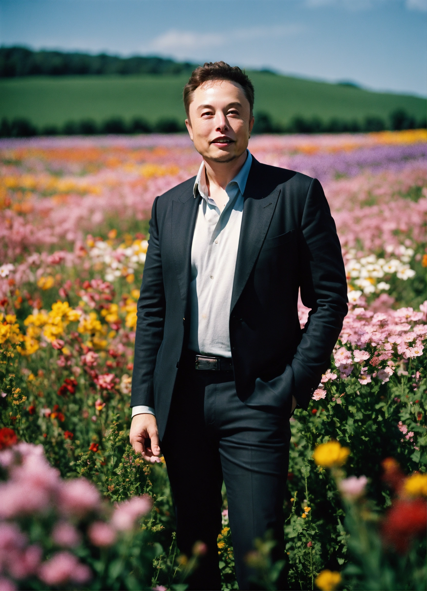Lexica - Happy Elon Musk standing in a beautiful field of flowers ...