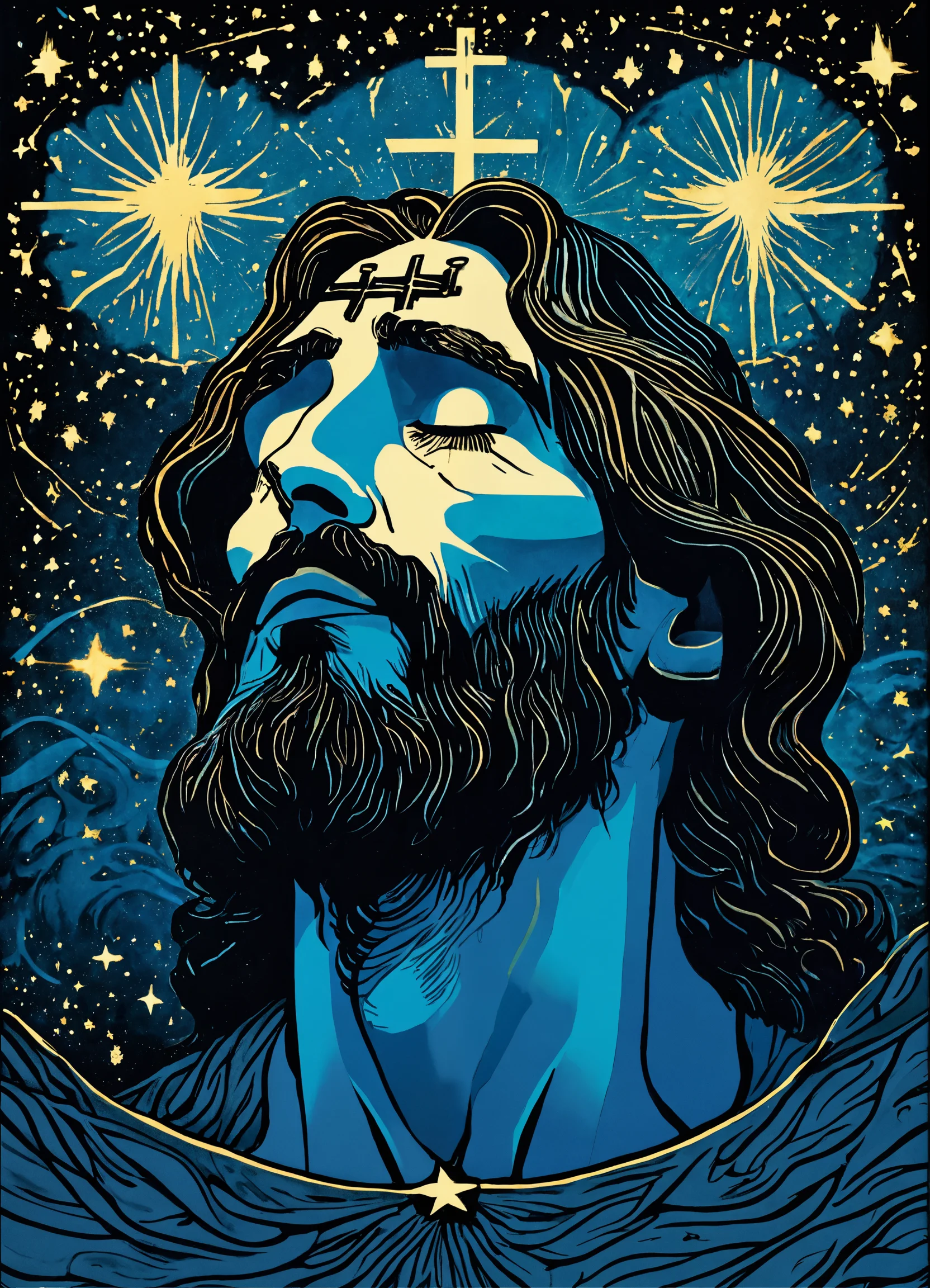Lexica - A dark mournful, modern illustration, centered a stern jesus ...