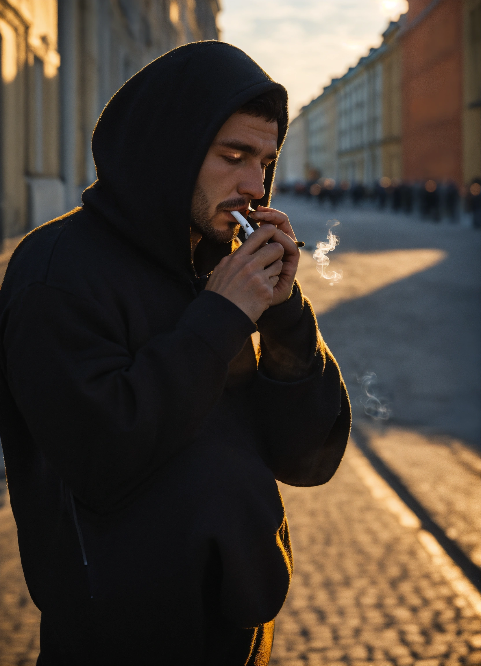 Lexica - Russian man with black hair in hoodie, smoking a cigarette in ...