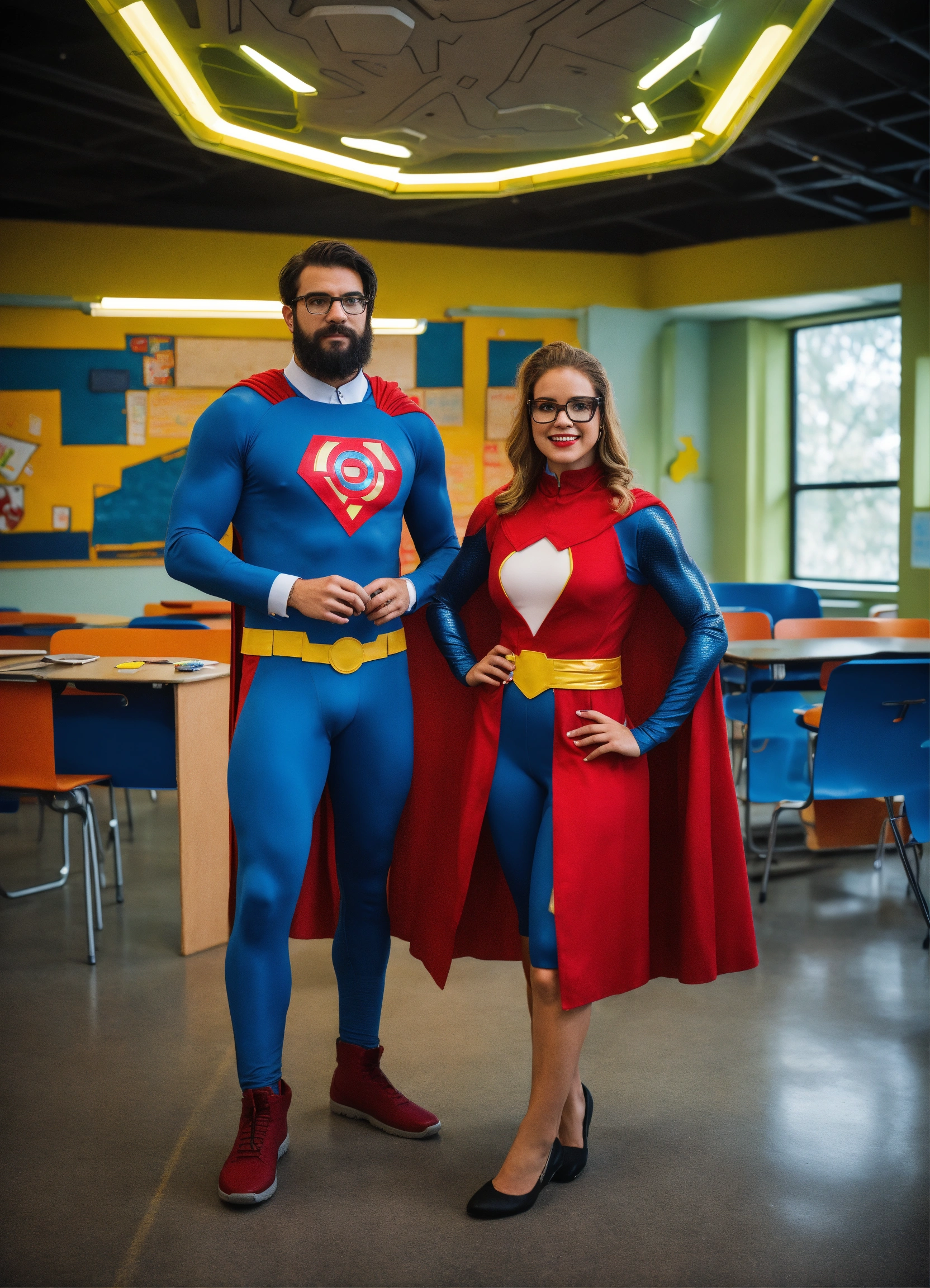 Lexica - A male teacher and a female teacher dressed as superheroes in ...